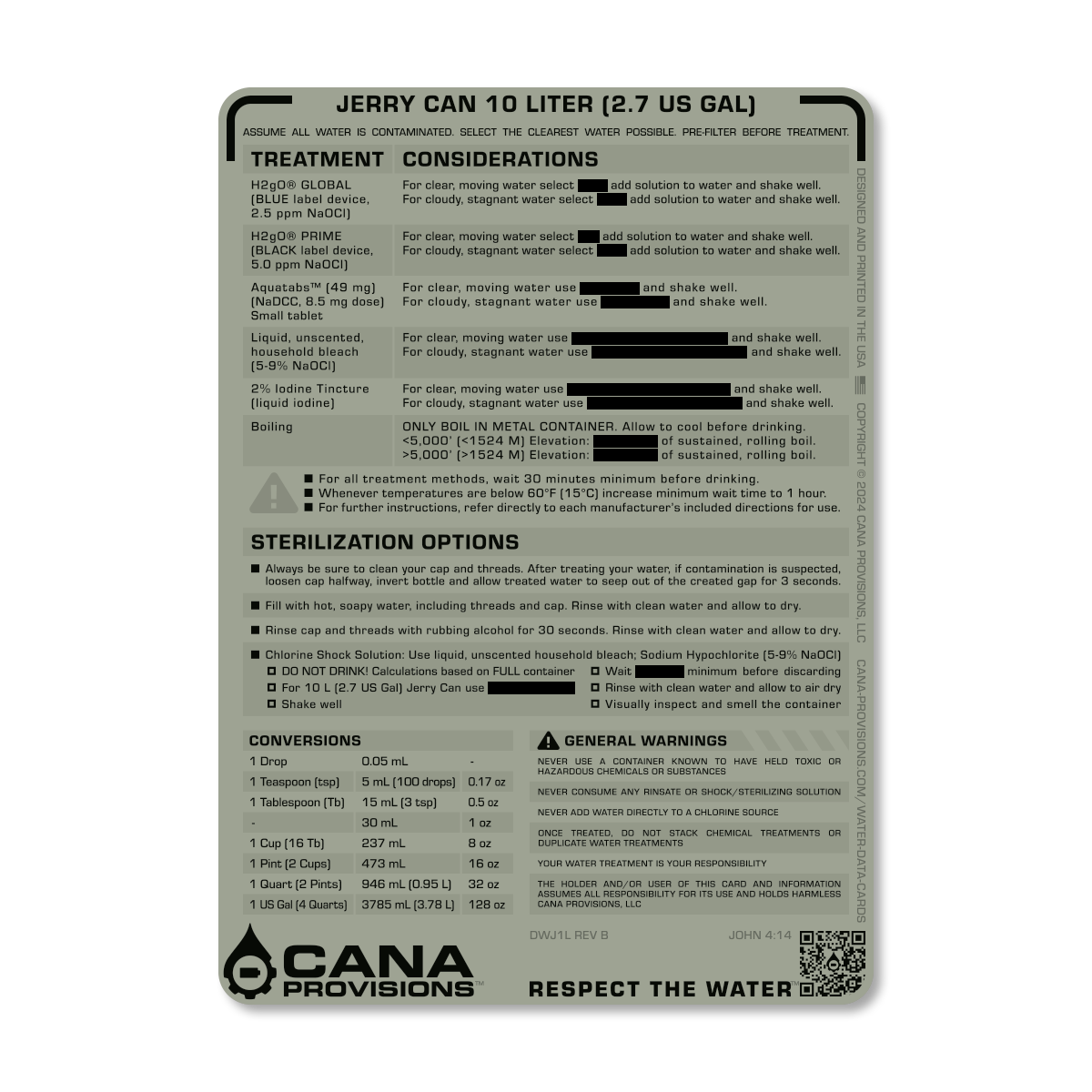 Water Data Card ("4 x 6") — CANA Provisions