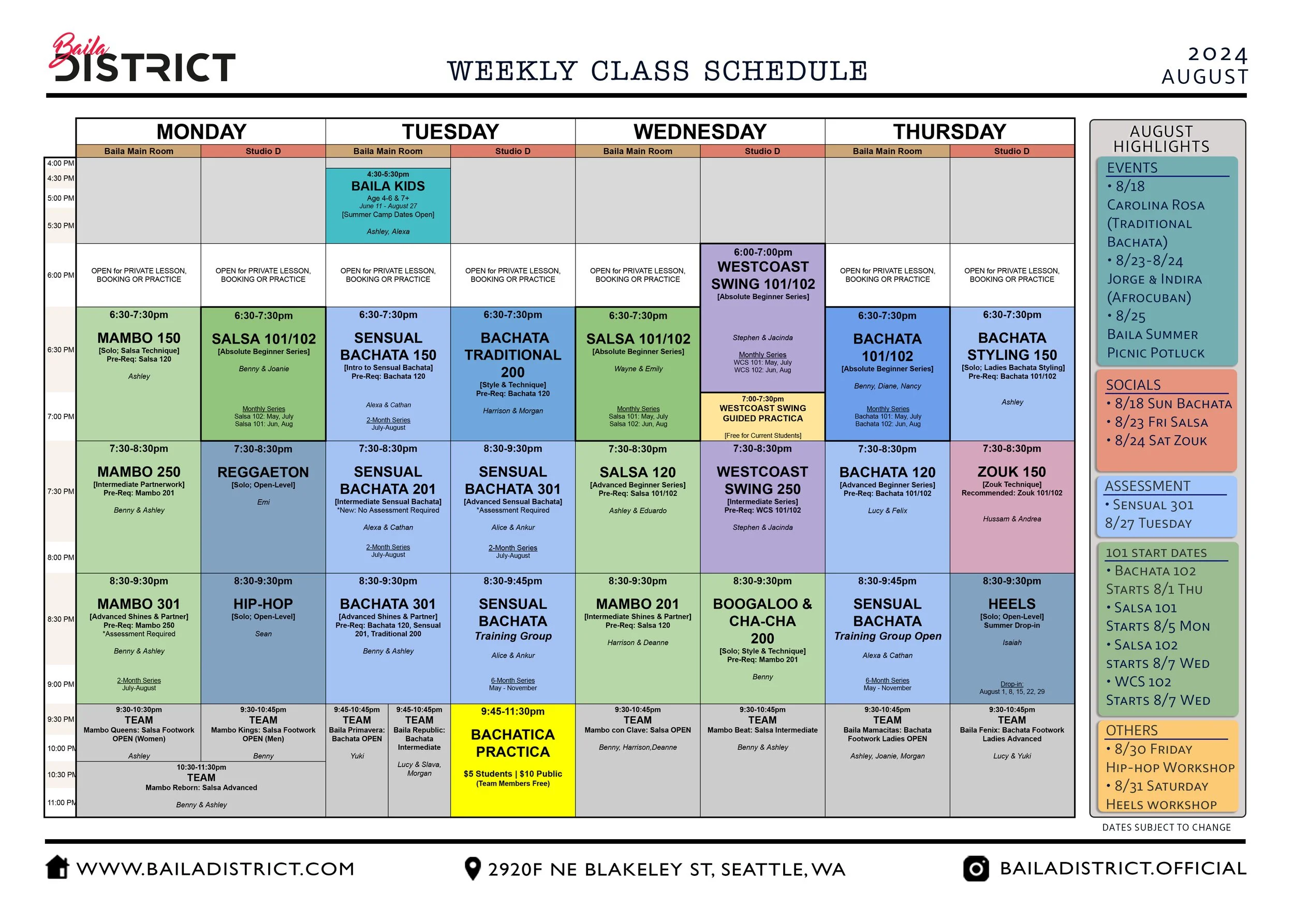 Dance Class Schedule — Baila District