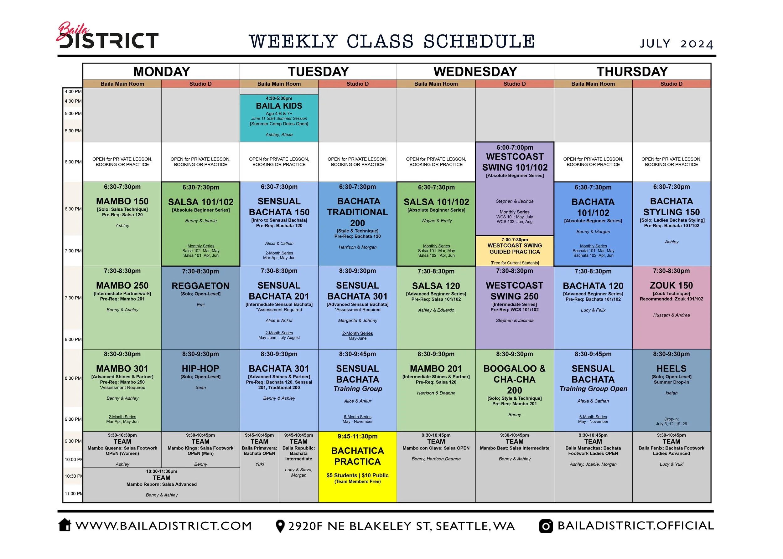 Dance Class Schedule — Baila District