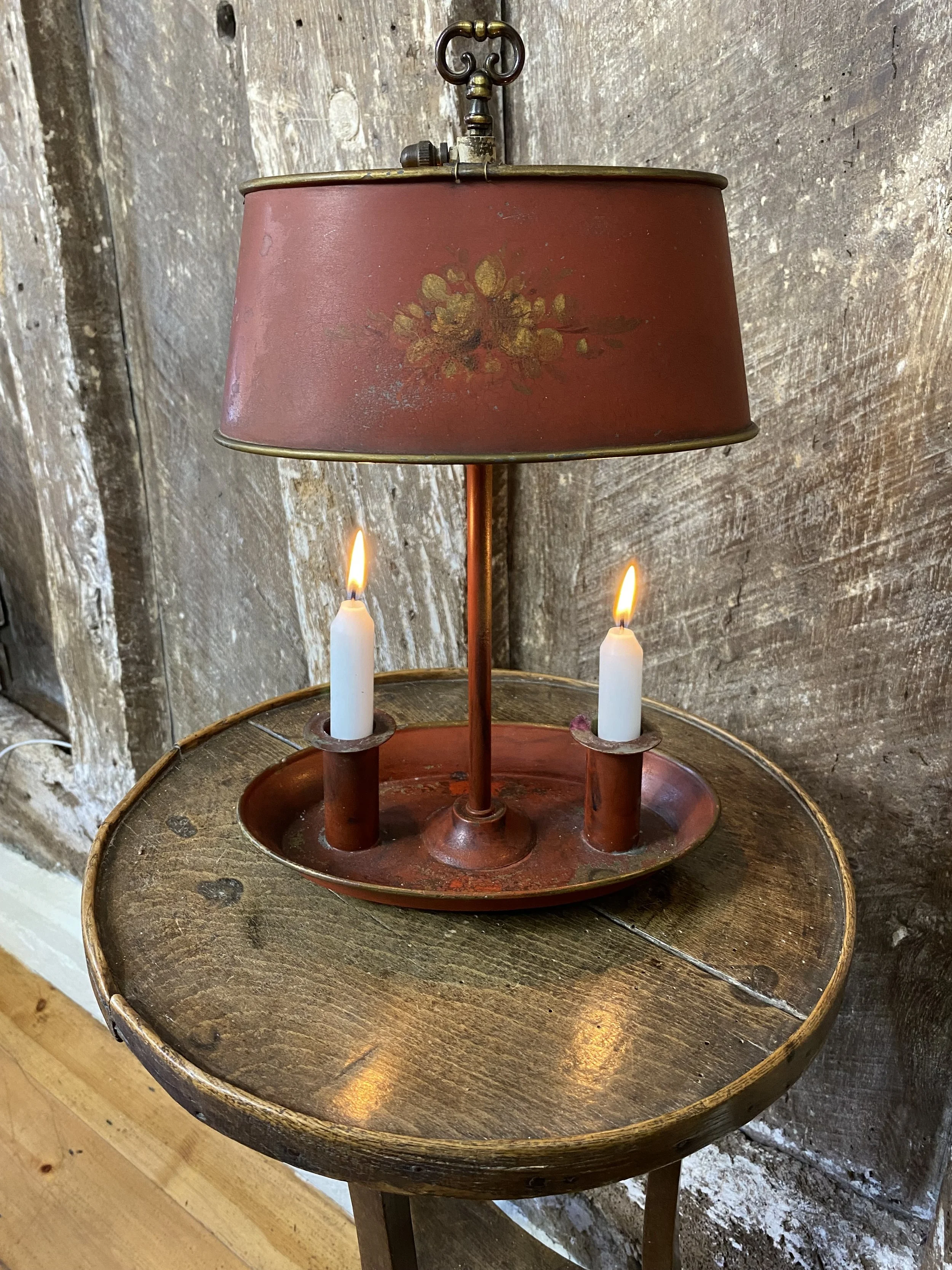 Antique Candle Table Lamp With Toleware Metal Shade — Samplers, Treen ...
