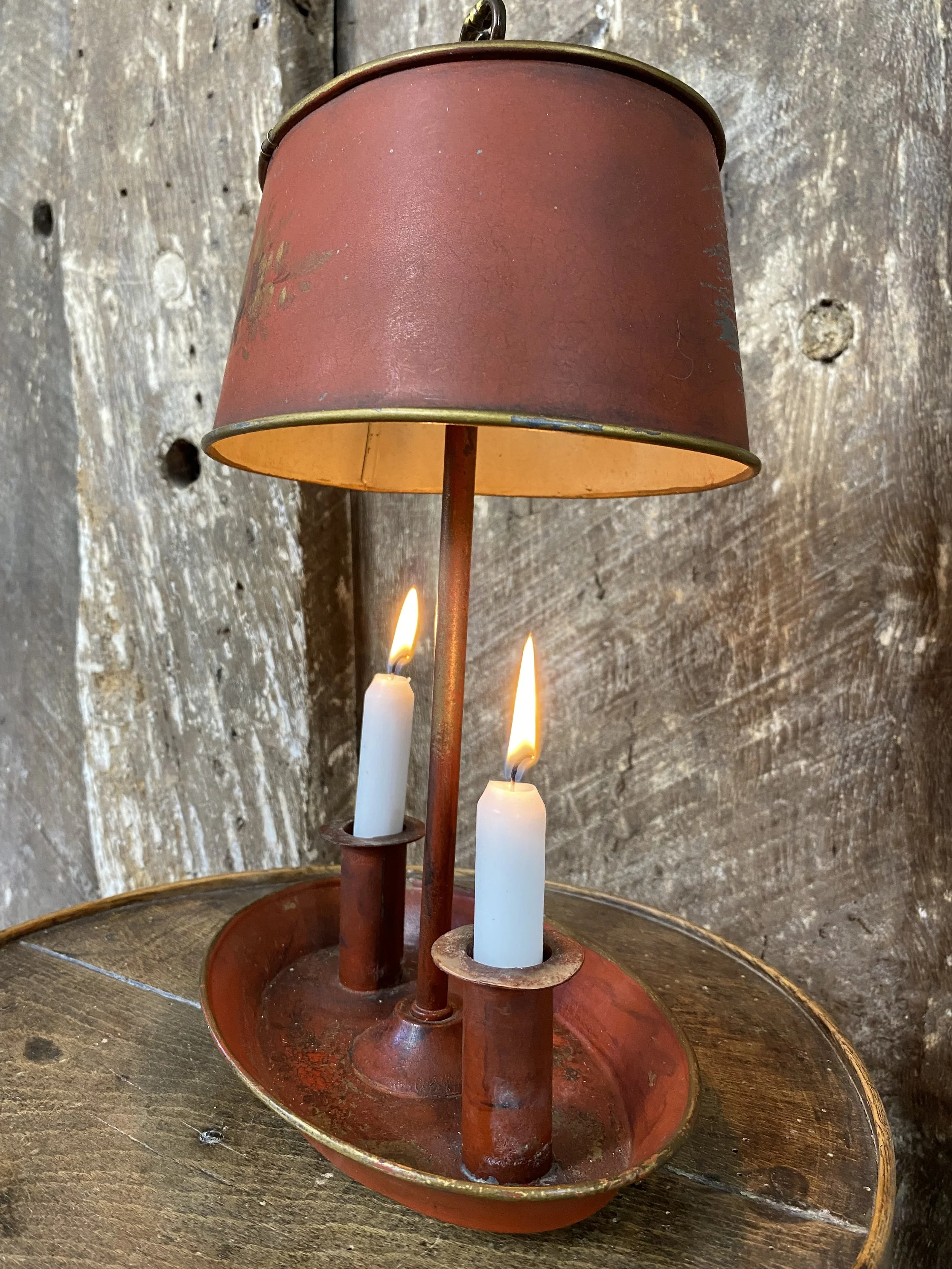Antique Candle Table Lamp With Toleware Metal Shade — Samplers, Treen ...