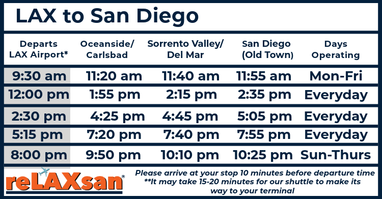 Shuttle Schedule | San Diego to LAX airport — reLAXsan®