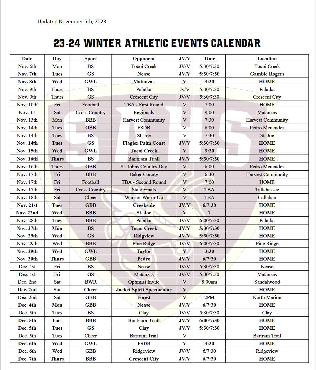 Calendar — Jacket Athletic Boosters