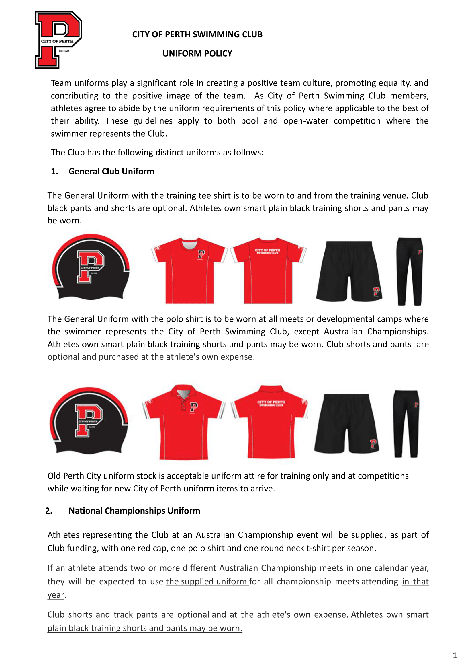 Uniform Information — City of Perth Swimming Club