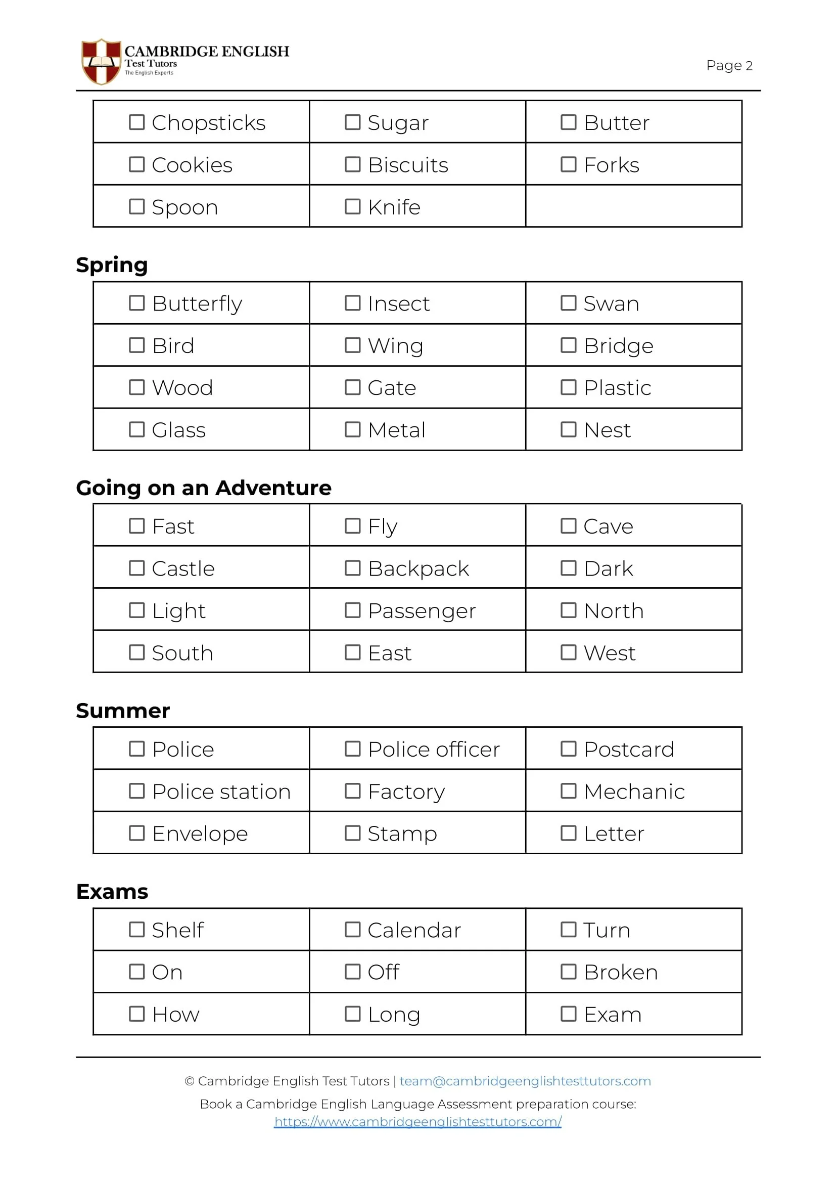 Cambridge English Language Assessment A2 Vocabulary List 2022