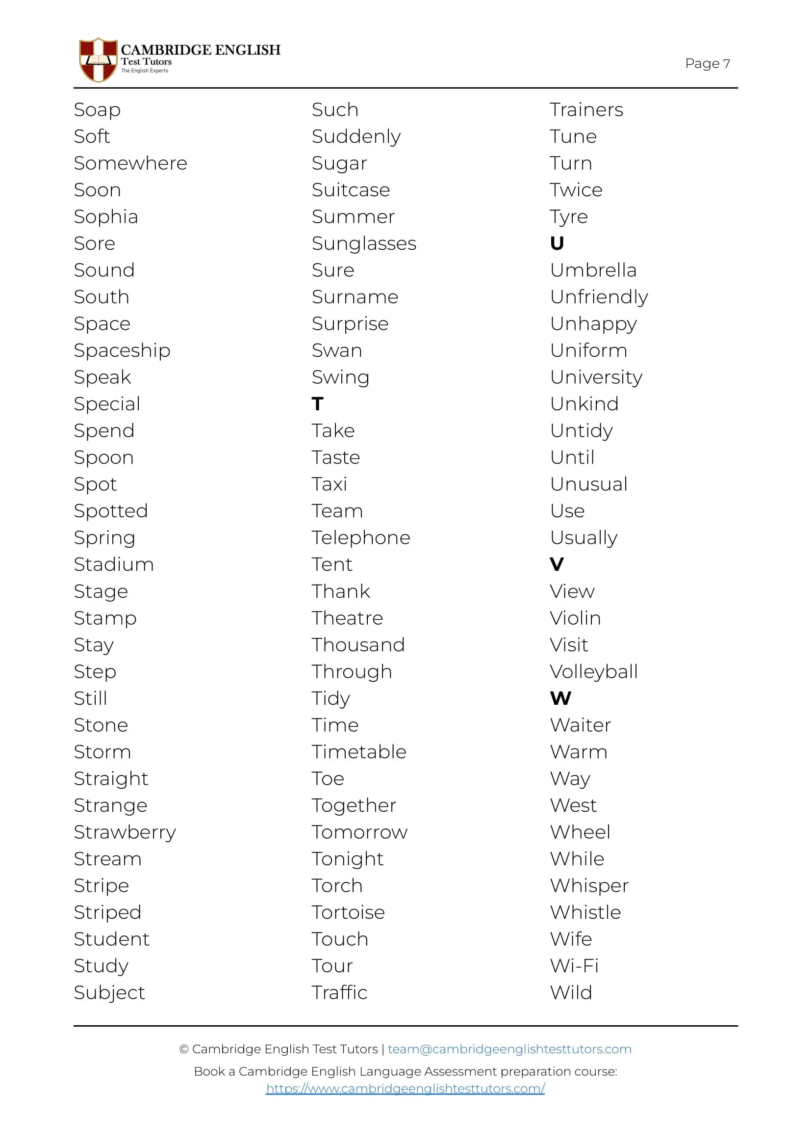 Cambridge English Language Assessment A2 Vocabulary List 2022