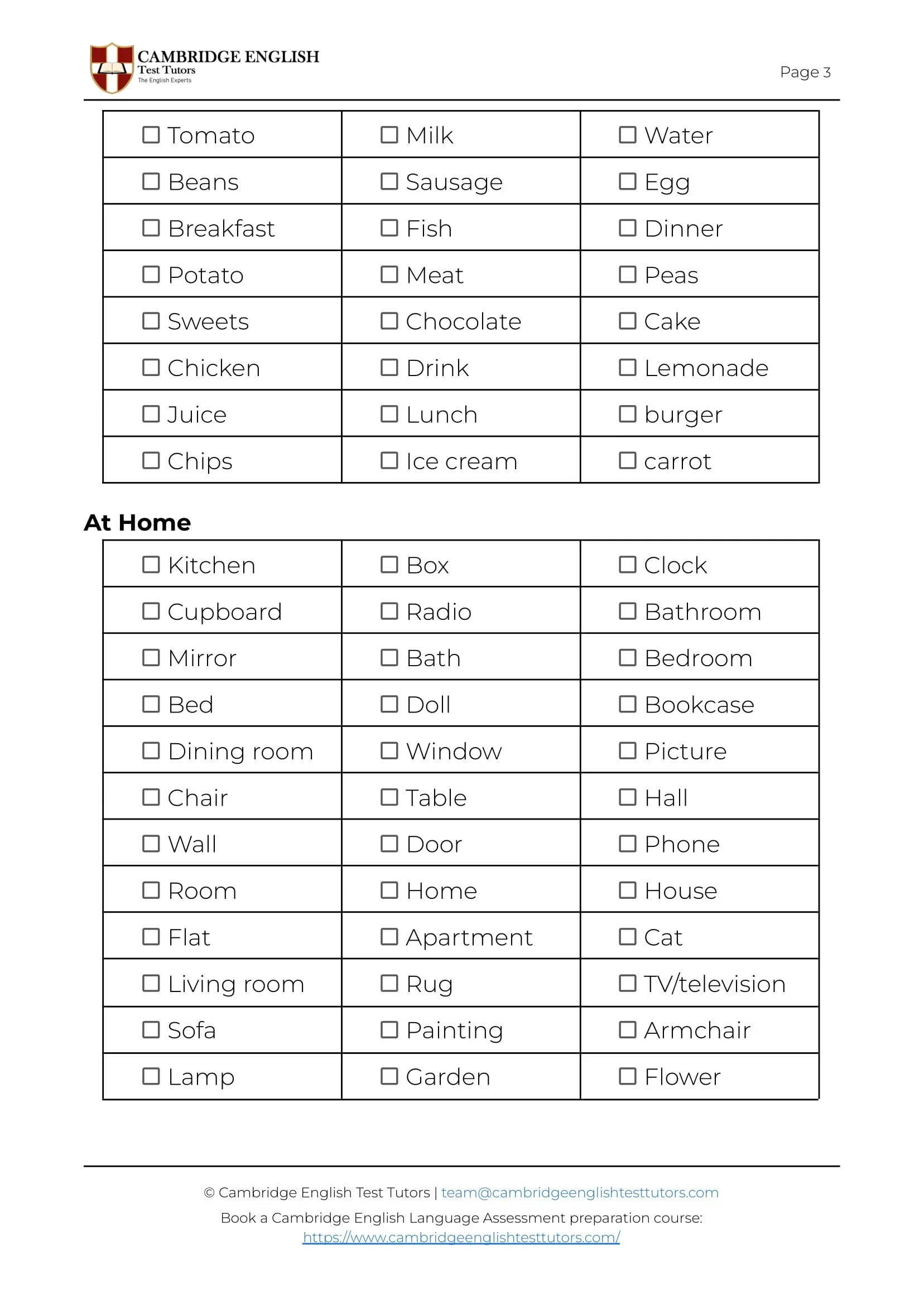 Cambridge English Language Assessment Pre A1 Vocabulary List 2022