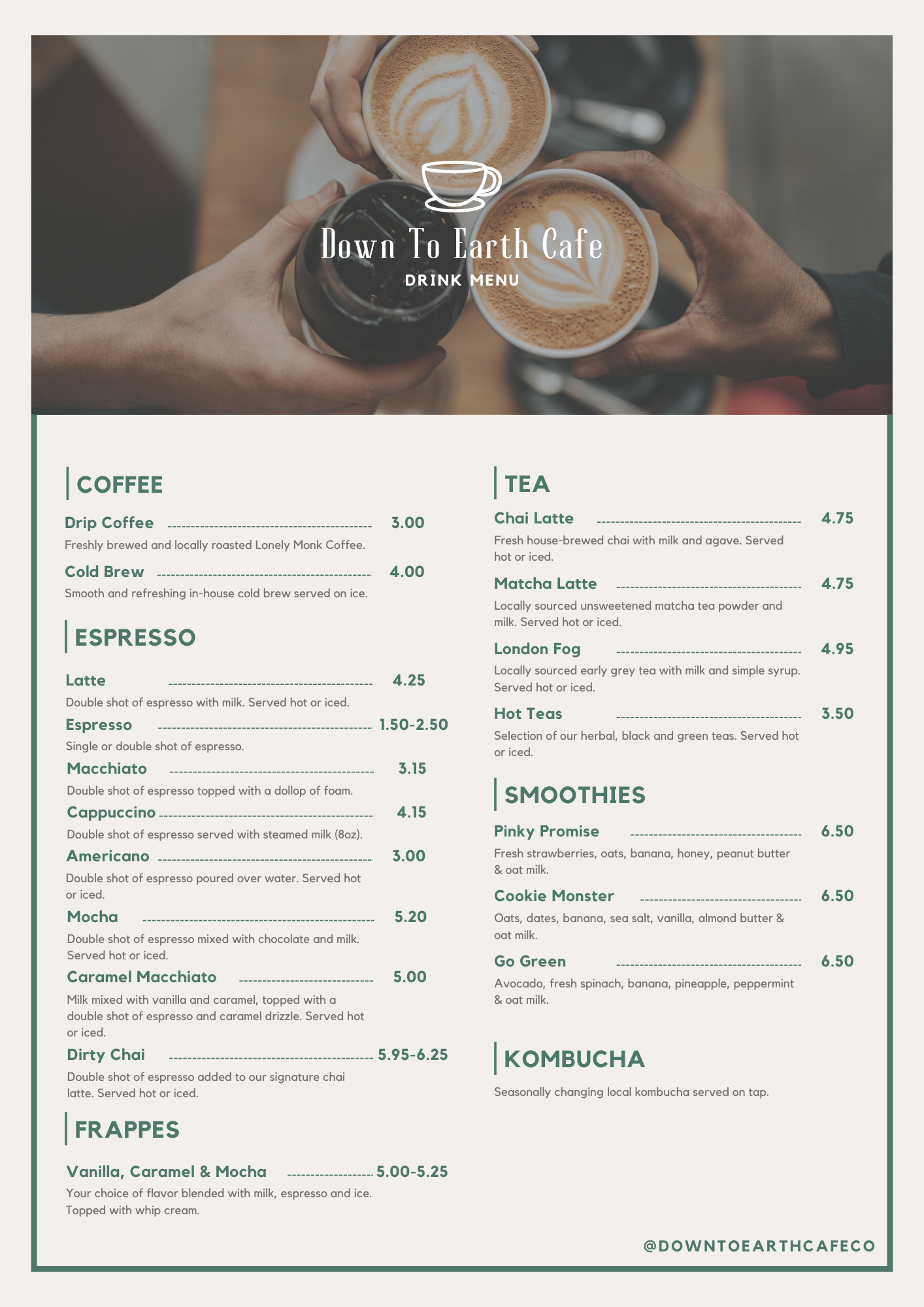 Menu — Down To Earth Cafe