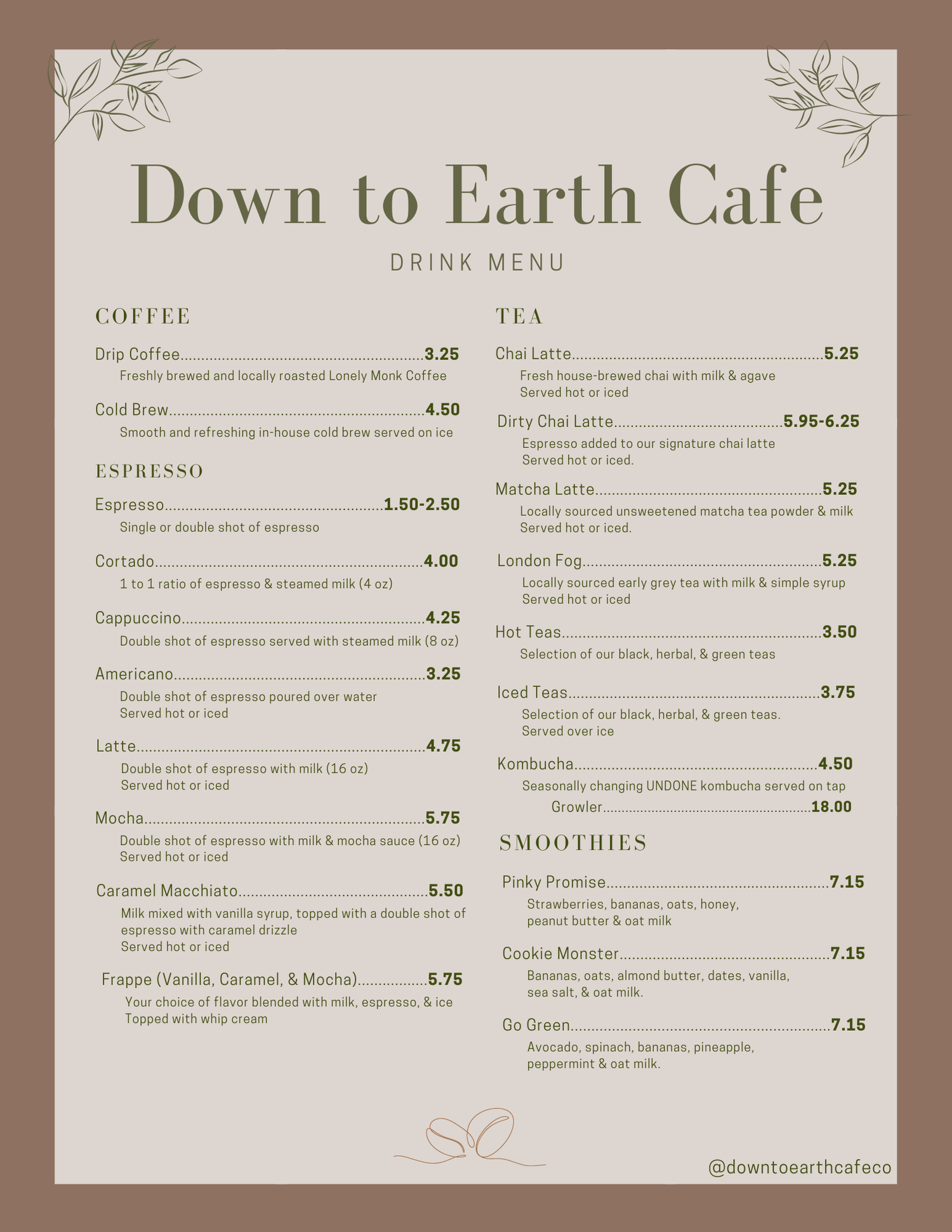Menu — Down To Earth Cafe