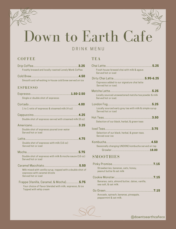 Menu — Down To Earth Cafe