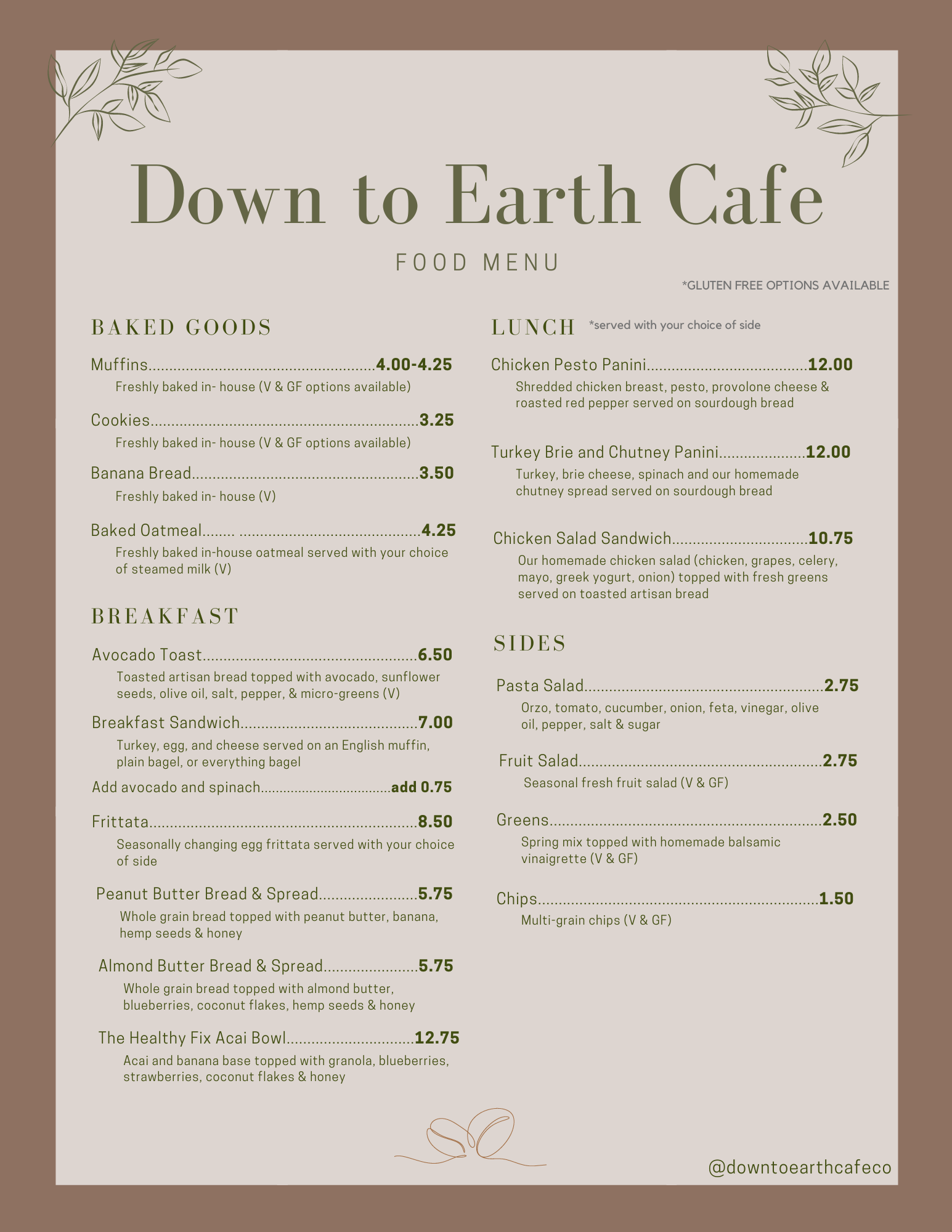 Menu — Down To Earth Cafe