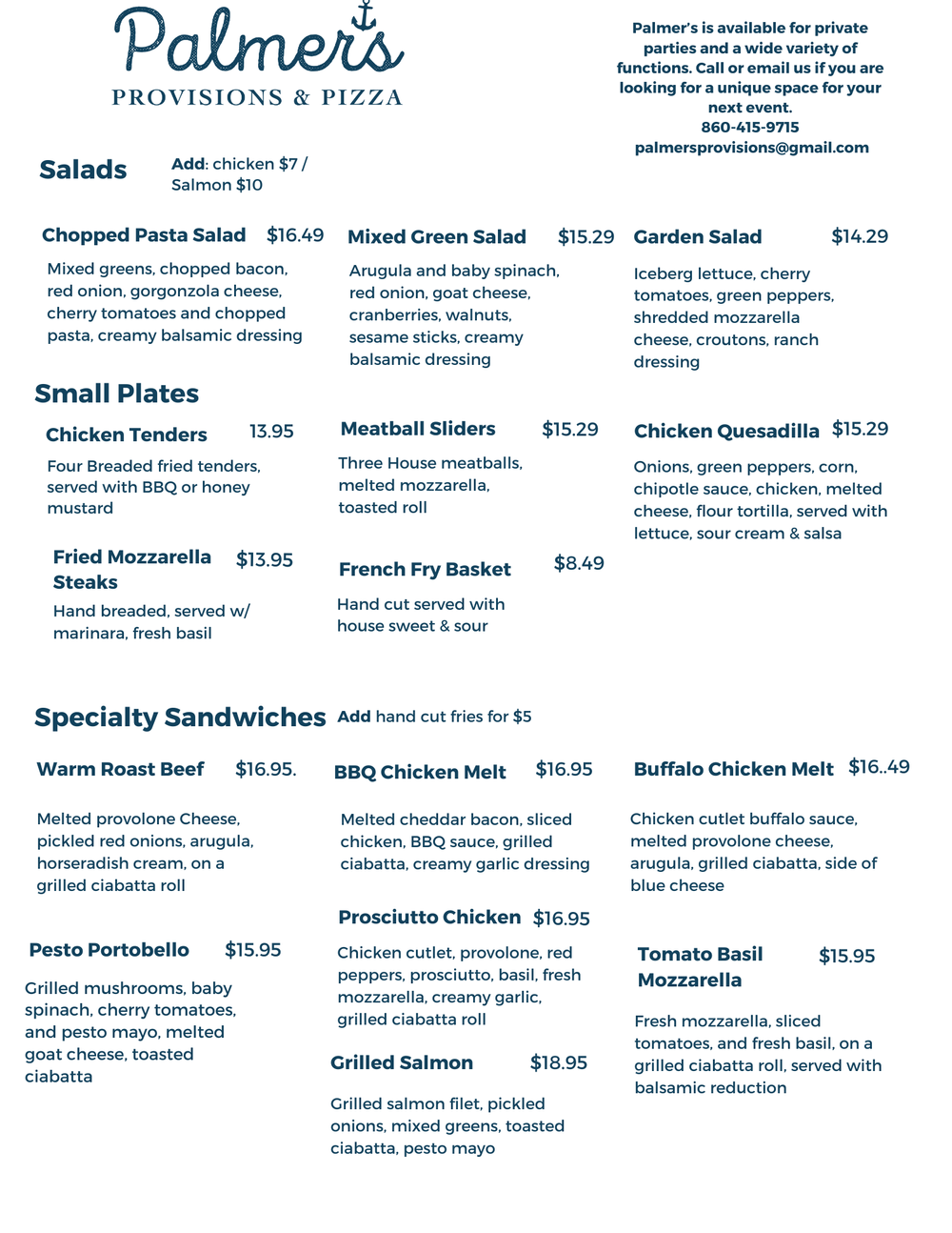 Menu — Palmer's Provisions and Pizza