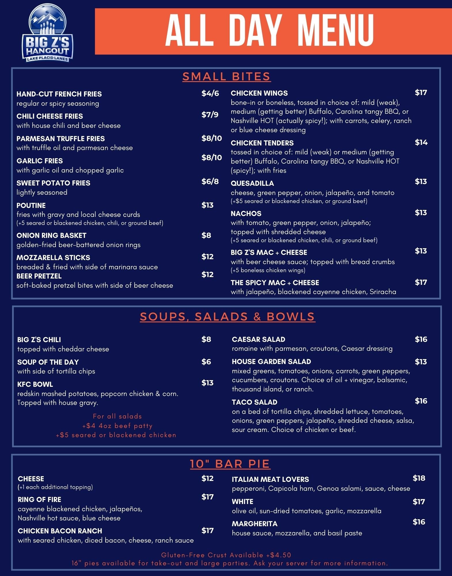 Menu 1 — Big Z’s Hangout at Lake Placid Lanes