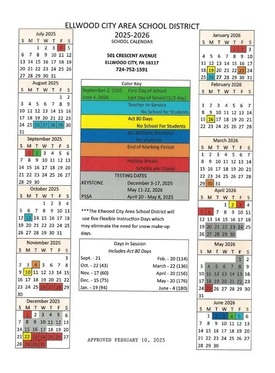 2025-2026 District Calendar — Ellwood City Area School District