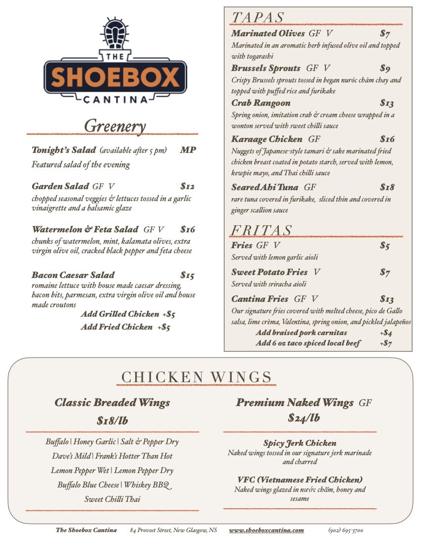 Menu — Shoebox Cantina