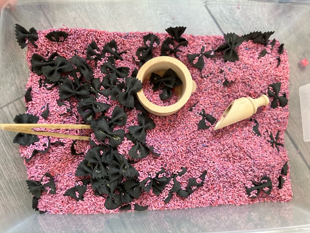 Dyed Pasta Bats Halloween Sensory Bin — Filling Our Days