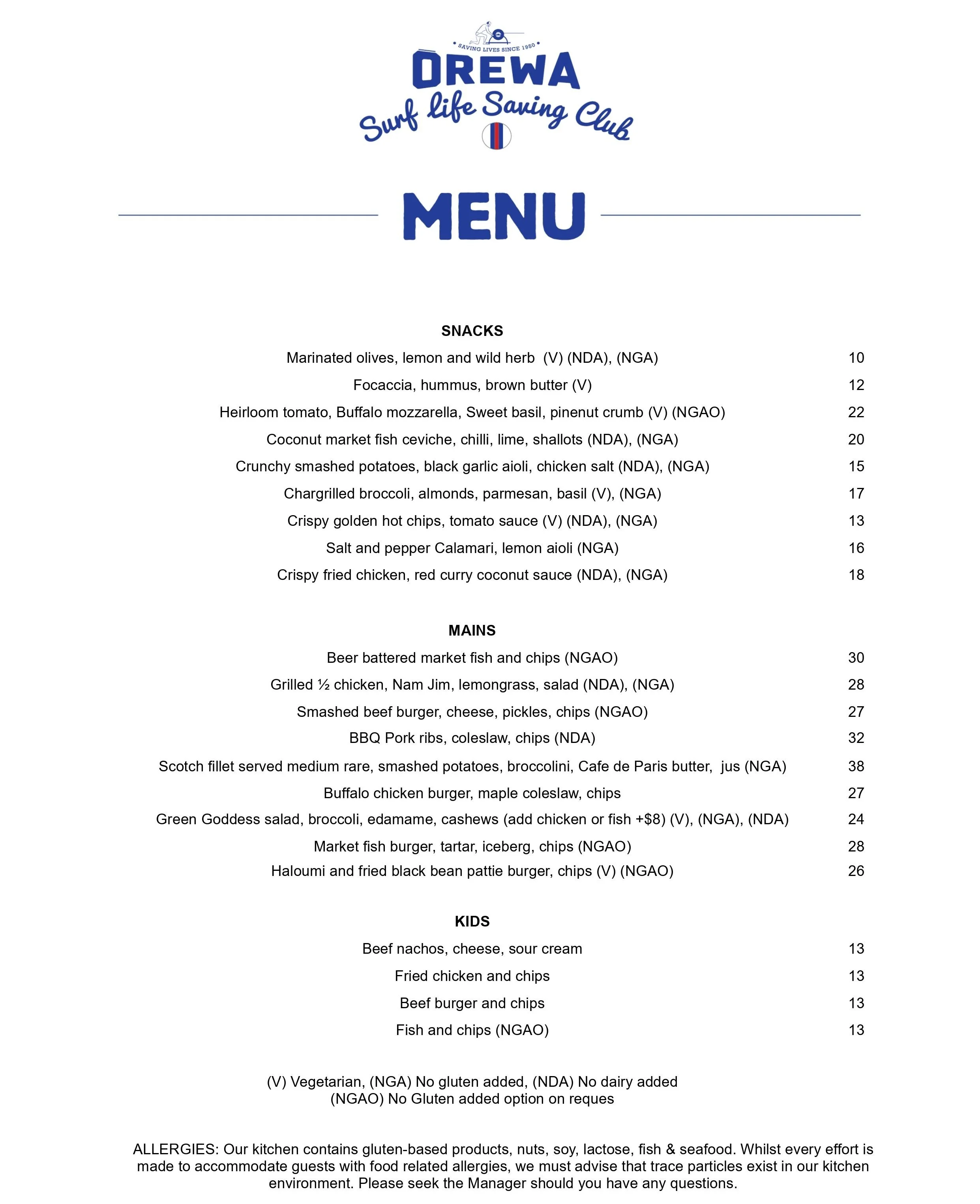 Menu — Ōrewa Surf Life Saving Club
