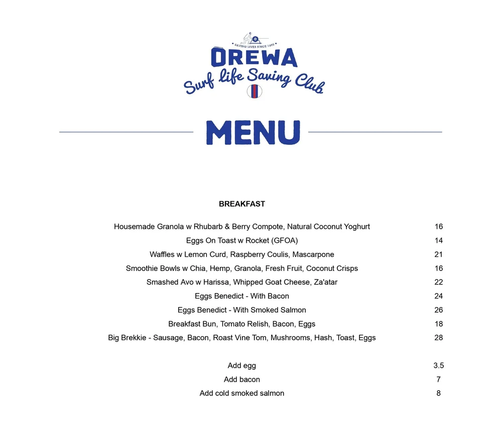 Menu — Ōrewa Surf Life Saving Club