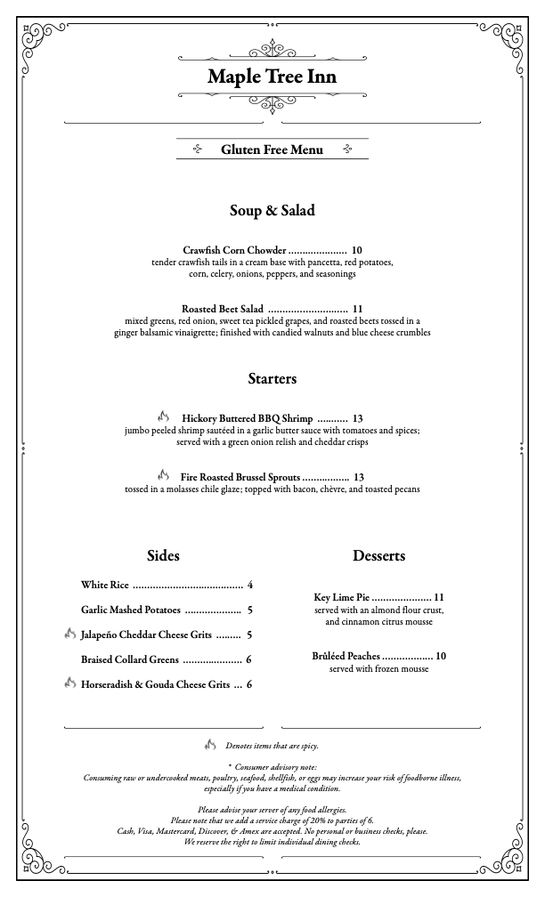 PDF Menus — Maple Tree Inn