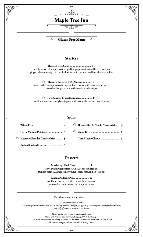 PDF Menus — Maple Tree Inn