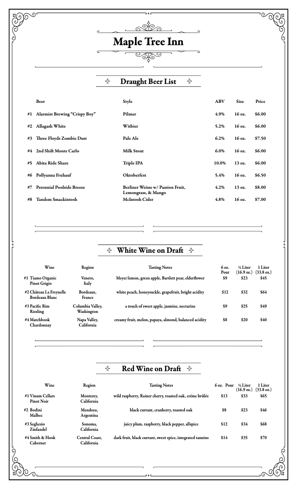 PDF Menus — Maple Tree Inn