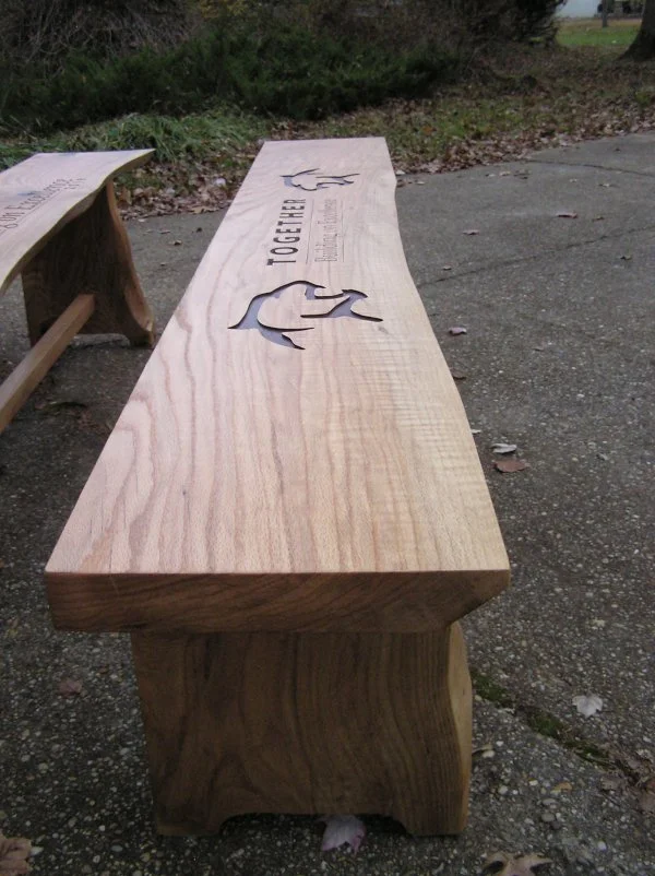 Reclaimed Oak Engraved Slab Benches — White & Red Works Custom Furniture