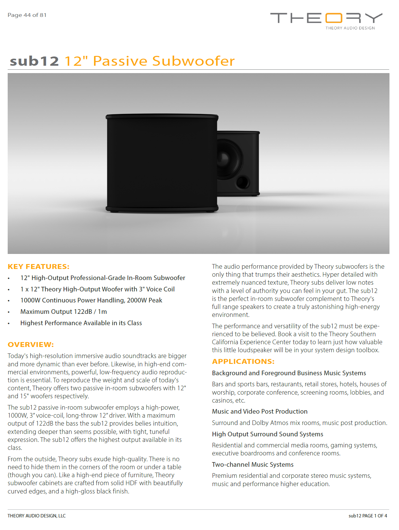 sub12 12” High Output Passive In-Room Subwoofer — Theory Professional