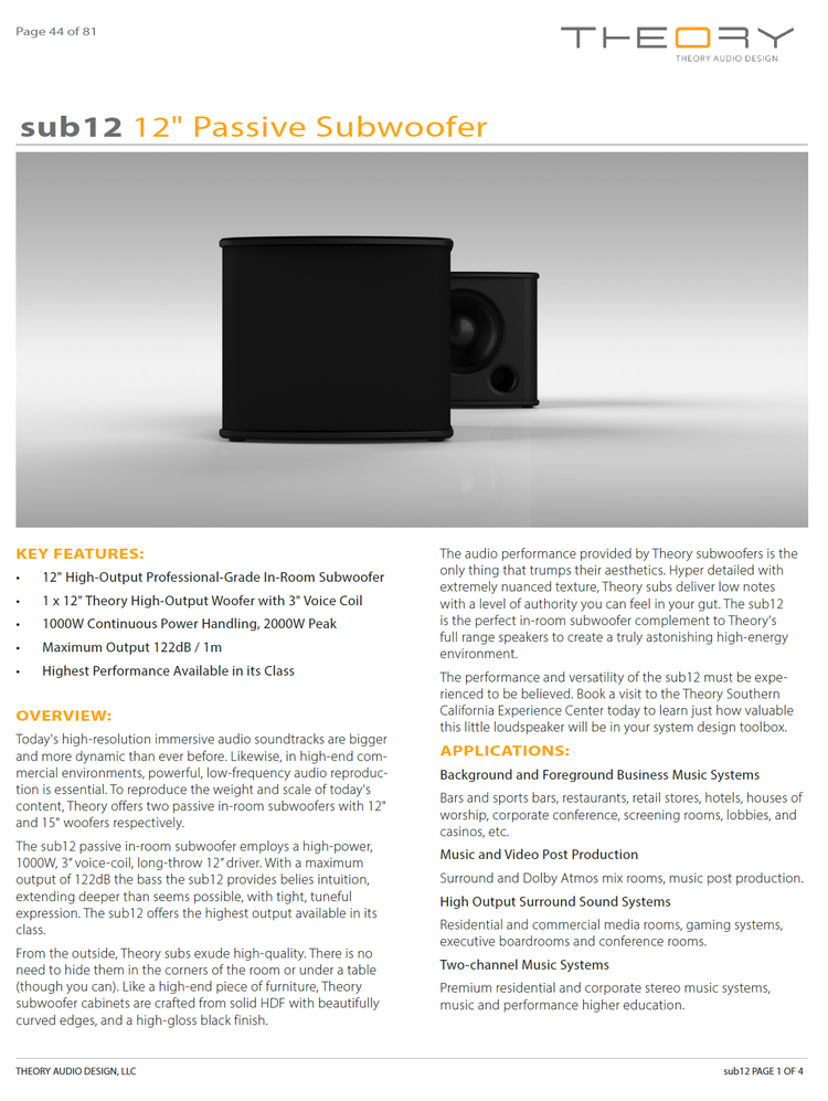 sub12 12” High Output Passive In-Room Subwoofer — Theory Professional