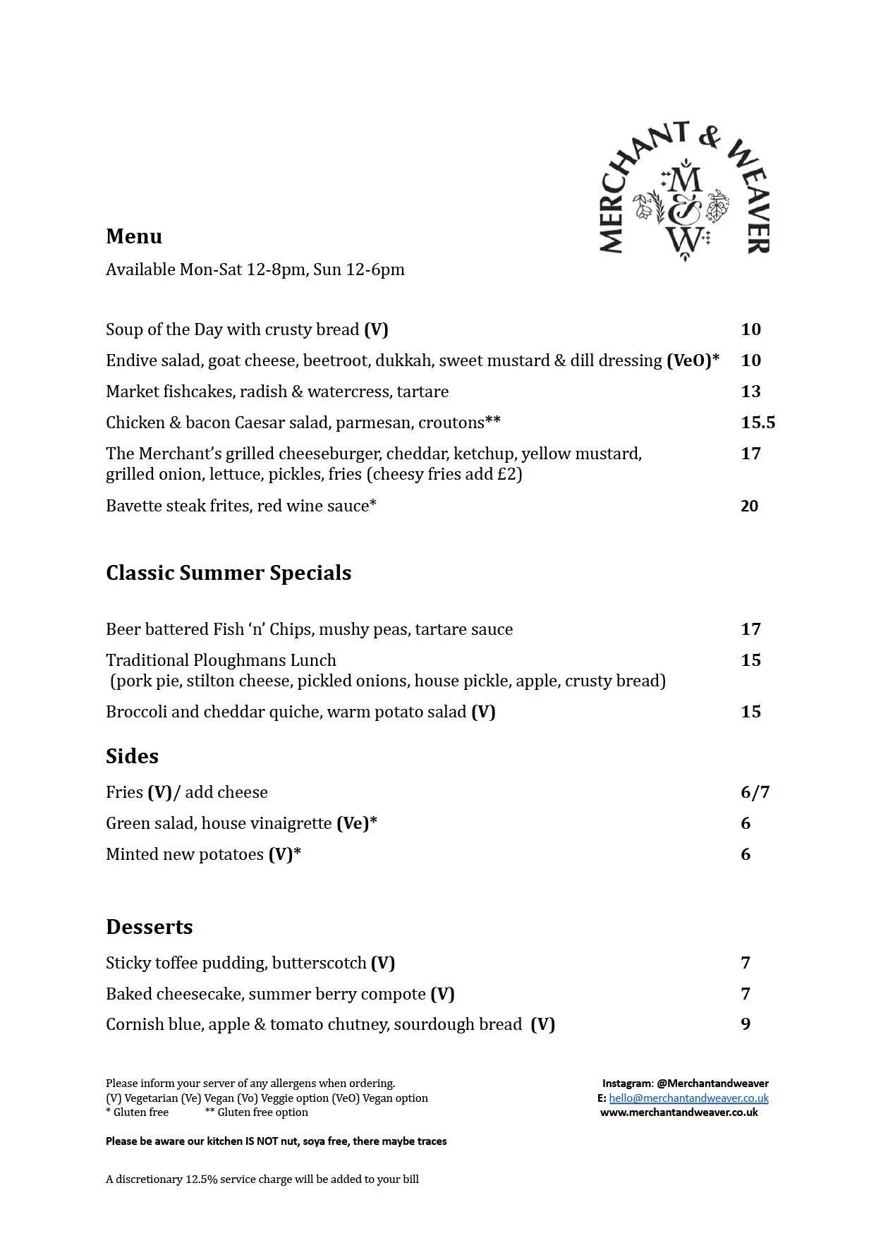 Menus — Merchant & Weaver