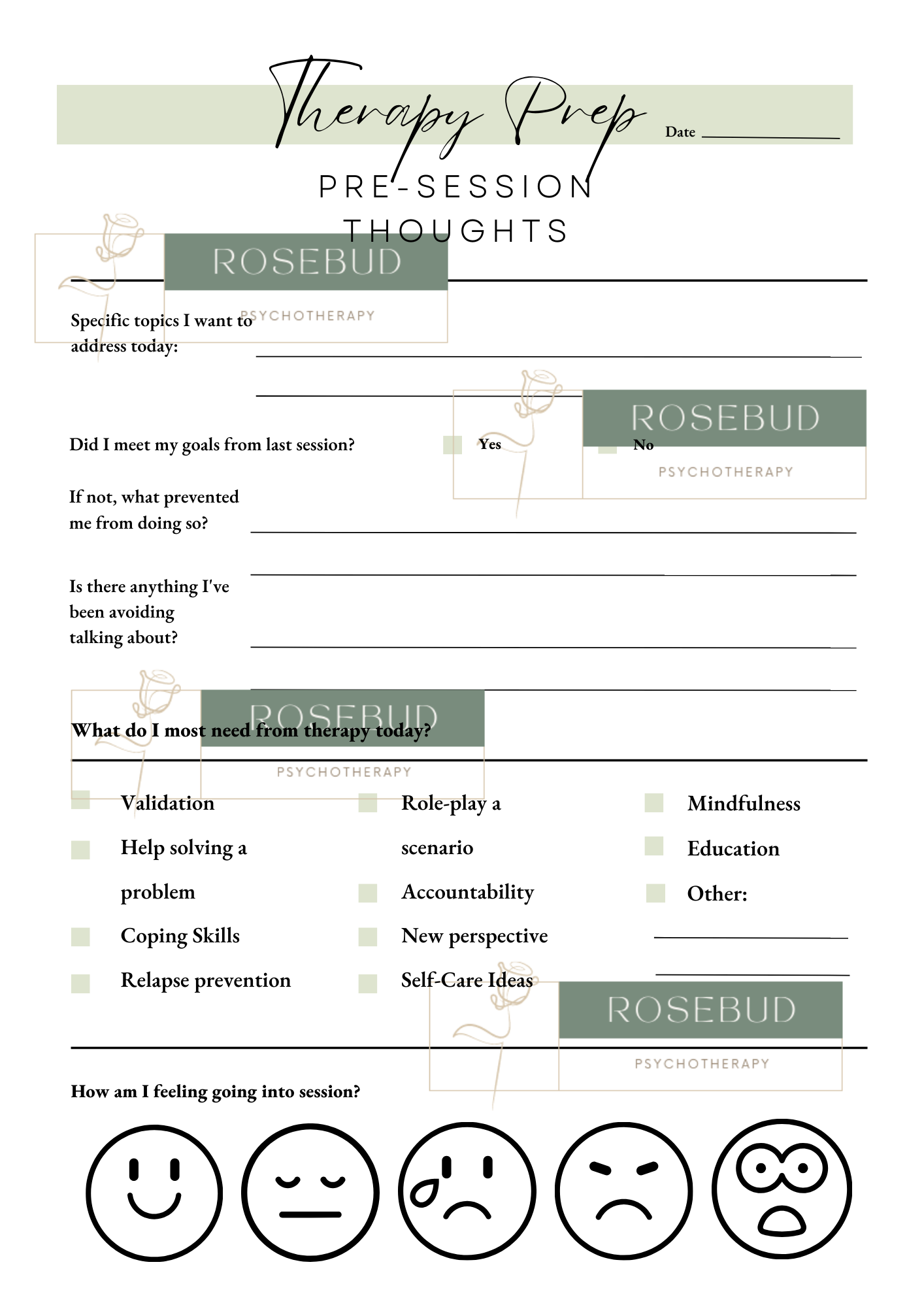 Pre-Therapy Session Journal | PDF Download | Rosebud Psychotherapy
