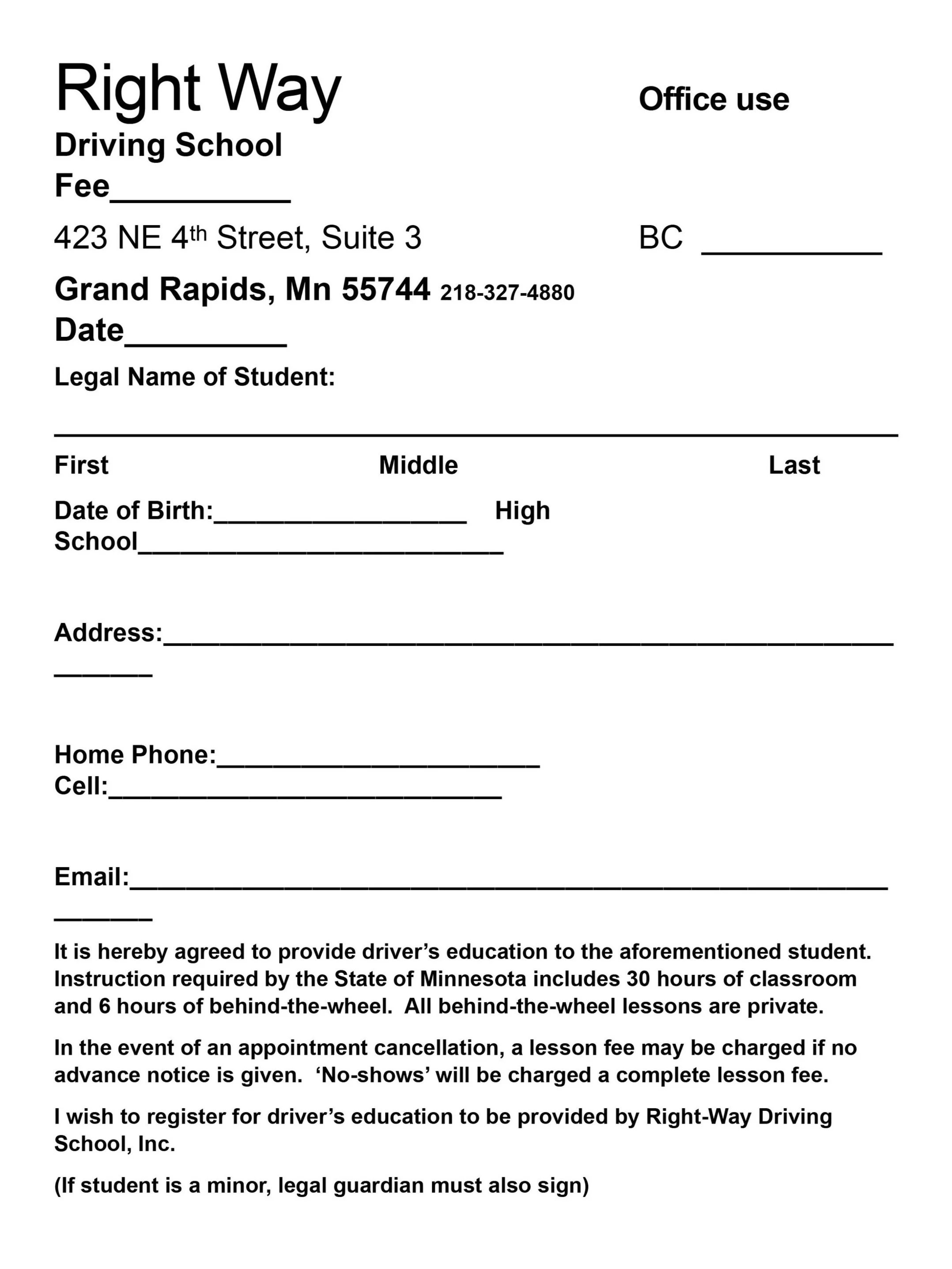 Printable Registration Form — Right Way Driving School