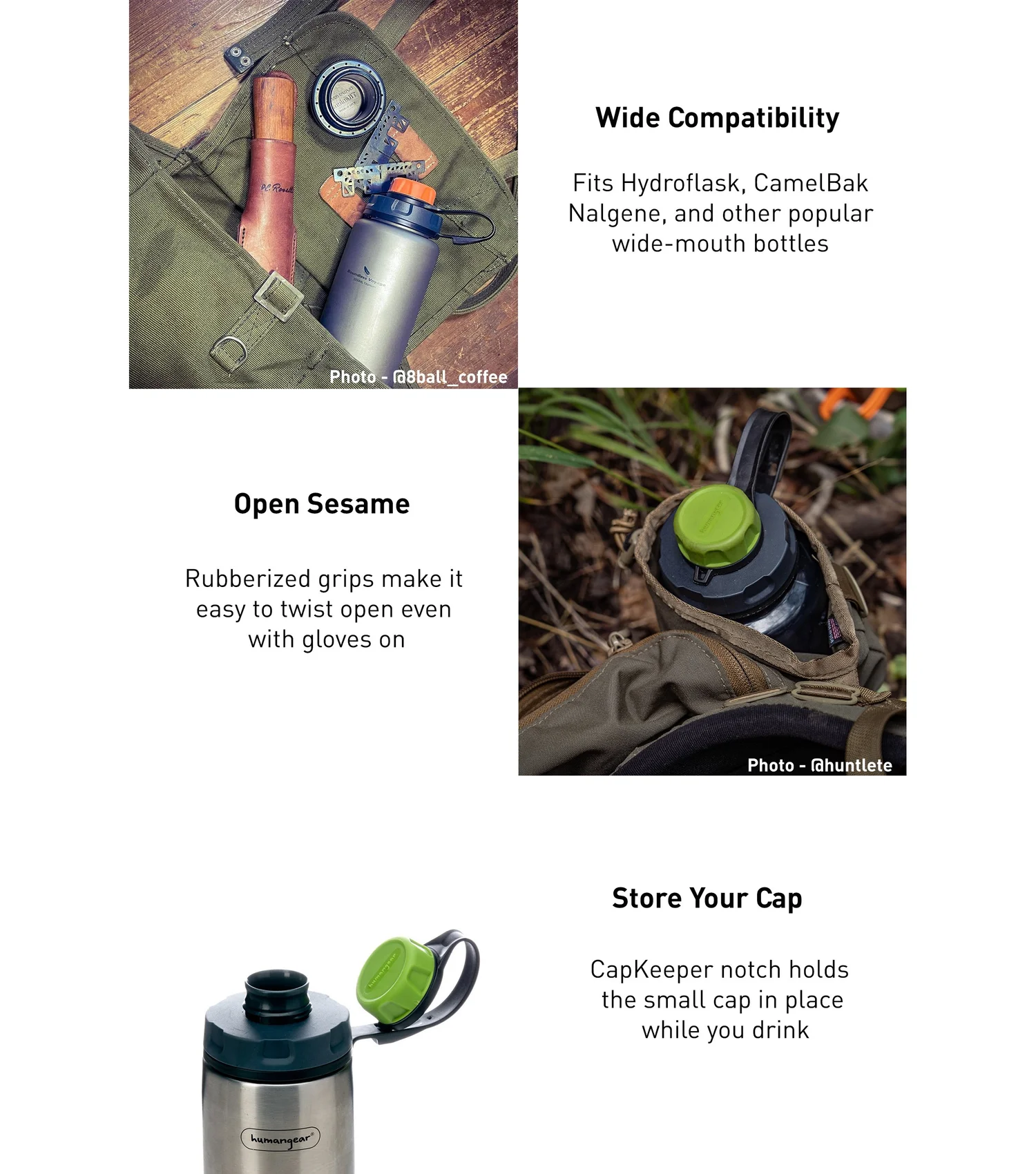 capCAP is a 2-in-1 accessory cap designed to work with Nalgene, CamelBak, and most other bottles ...