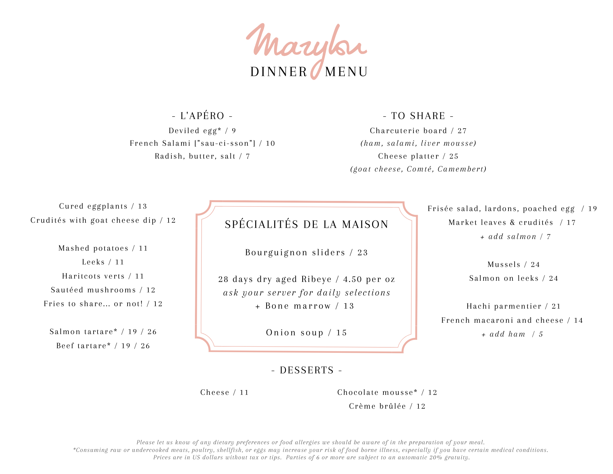 dinner — Marylou bistro NYC