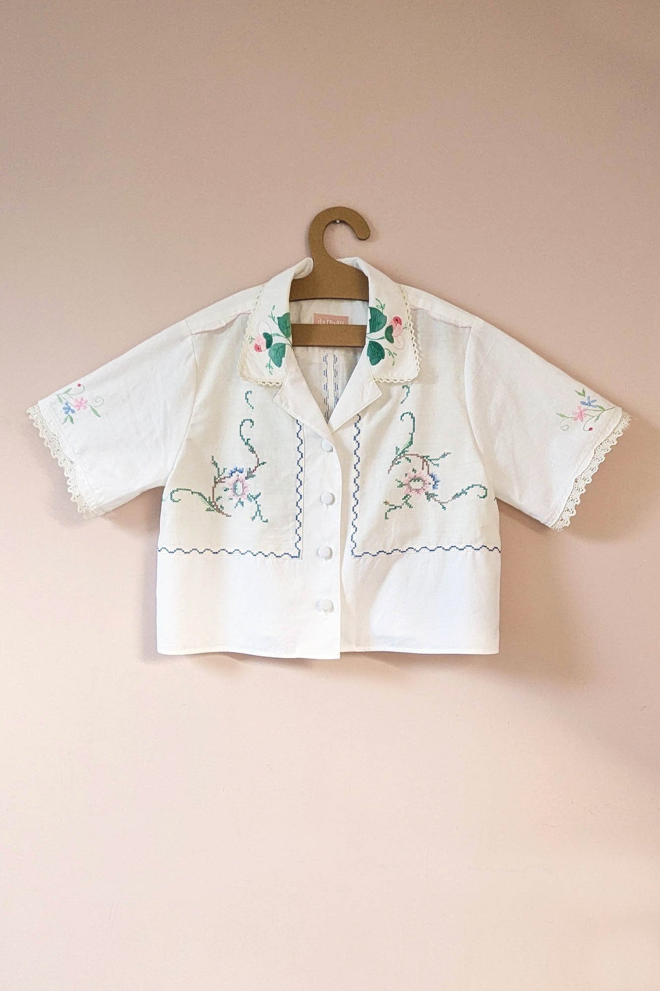 Retro Style One Of A Kind Upcycled Reworked Tablecloth Shirt