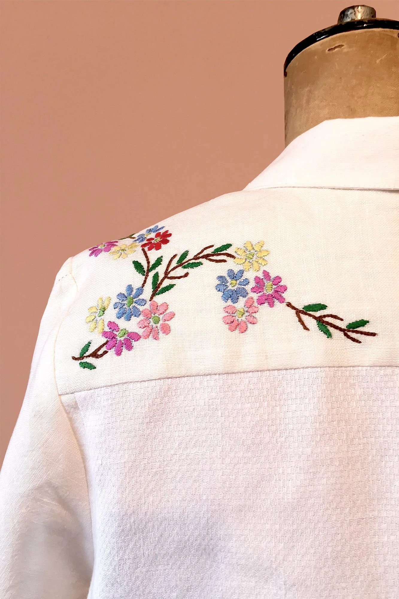 Reworked Vintage Tablecloth Shirt With Hand Embroidery and Crochet Trim