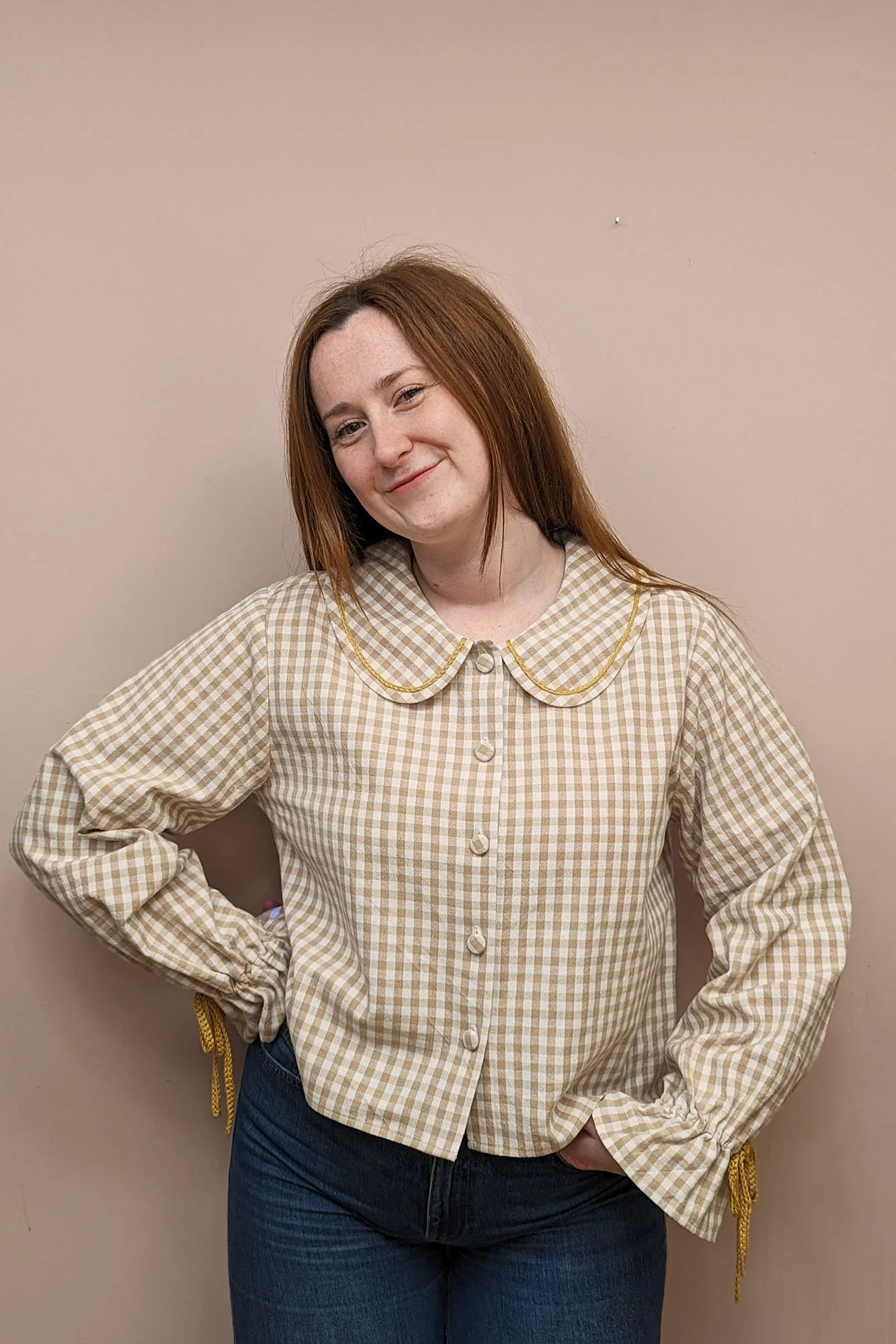 Upcycled Gingham Tablecloth Shirt With Crochet Drawstring Bow Detail