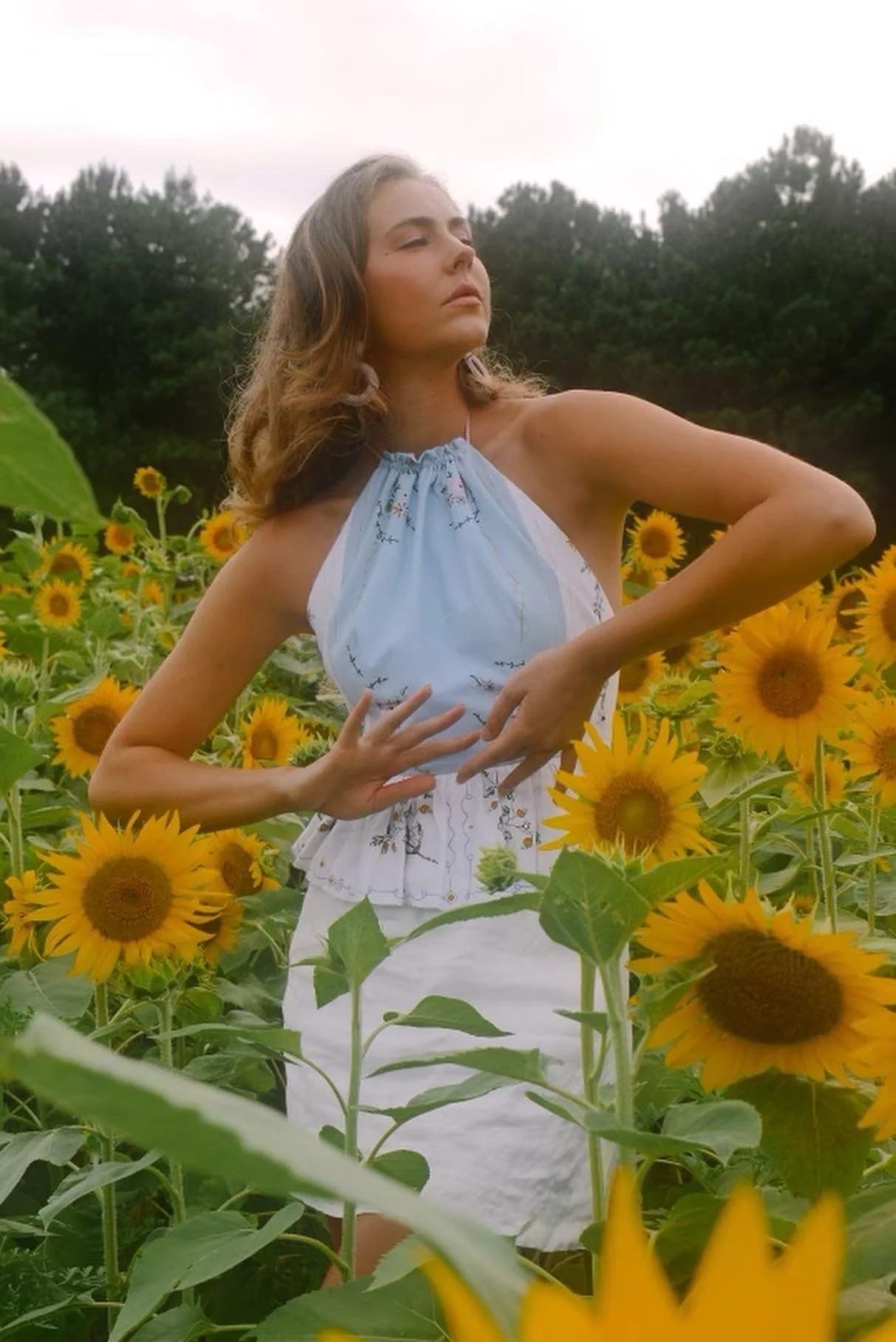 Upcycled Floral Embroidery Halter Top With Gathered Peplum Waist