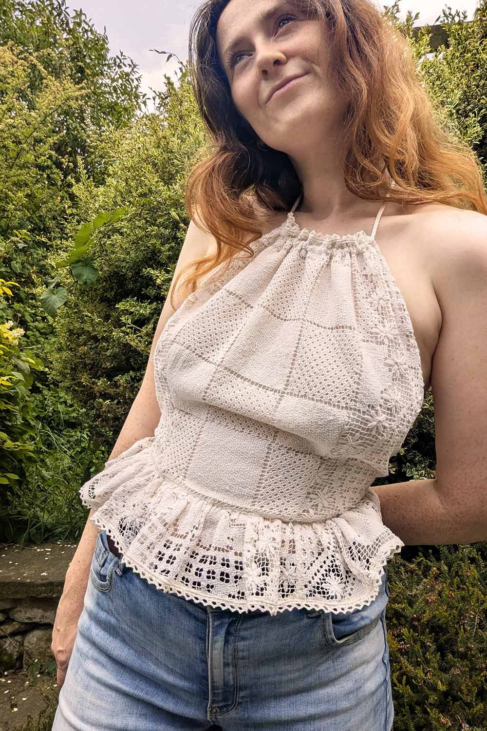 Floral Hand Embroidered Upcycled Tablecloth Halter Neck Top