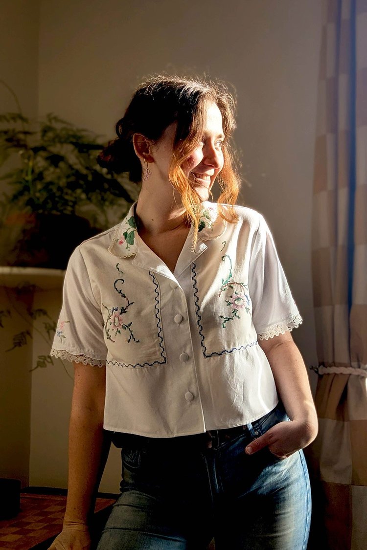 Retro Style One Of A Kind Upcycled Reworked Tablecloth Shirt
