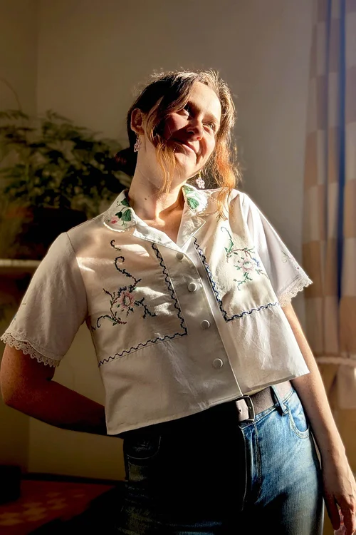 Retro Style One Of A Kind Upcycled Reworked Tablecloth Shirt