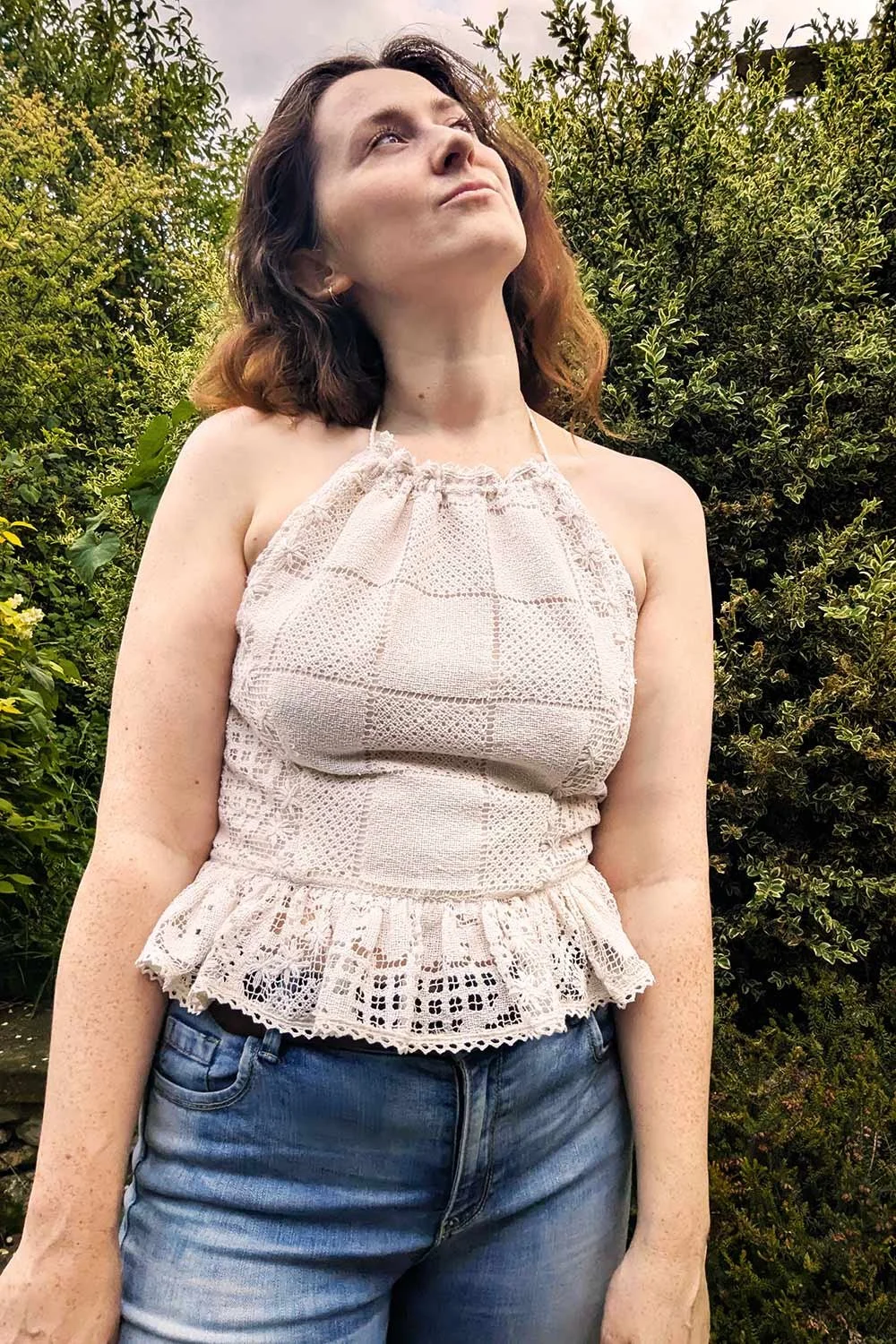 Floral Hand Embroidered Upcycled Tablecloth Halter Neck Top