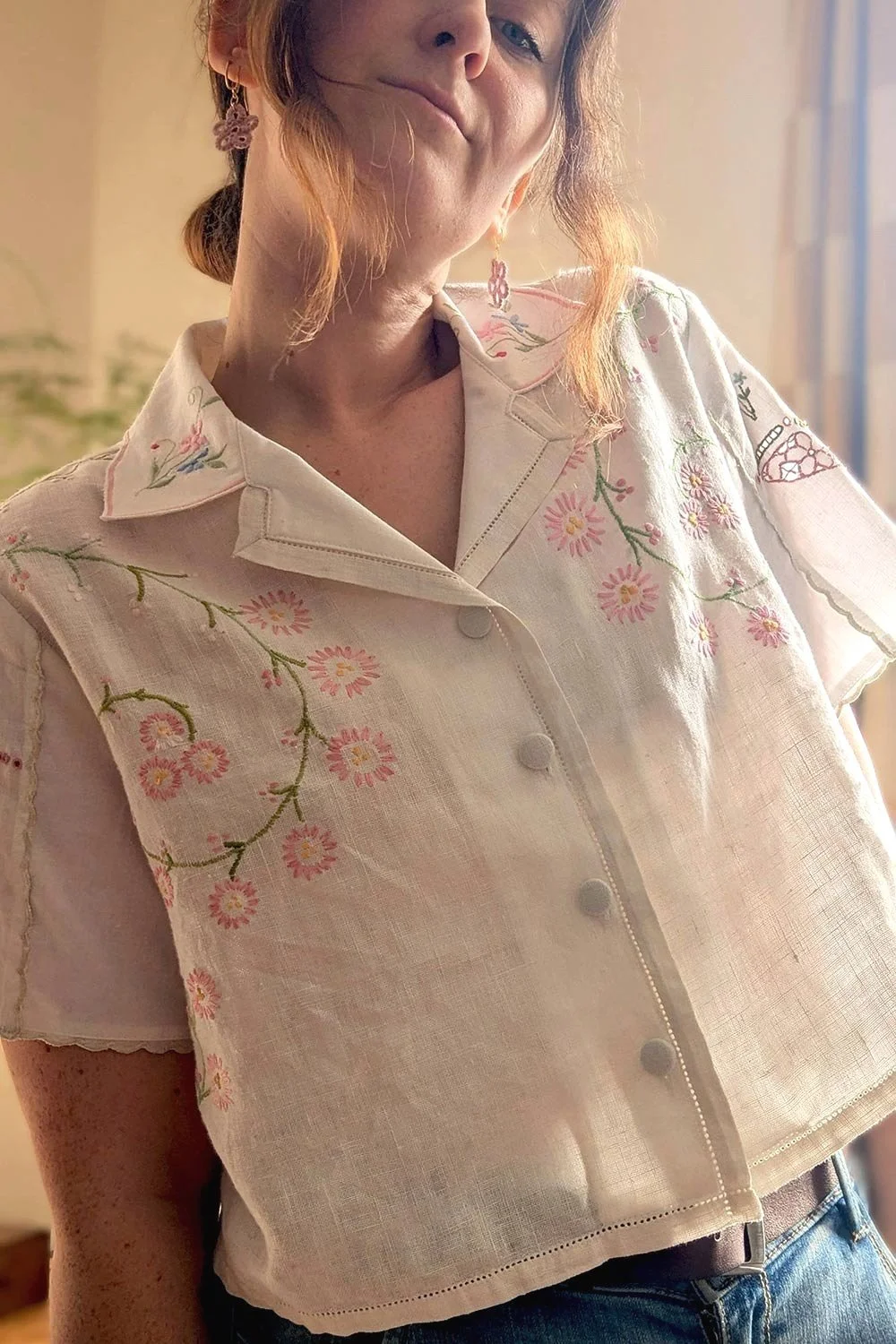 Retro Style One Of A Kind Upcycled Reworked Tablecloth Shirt