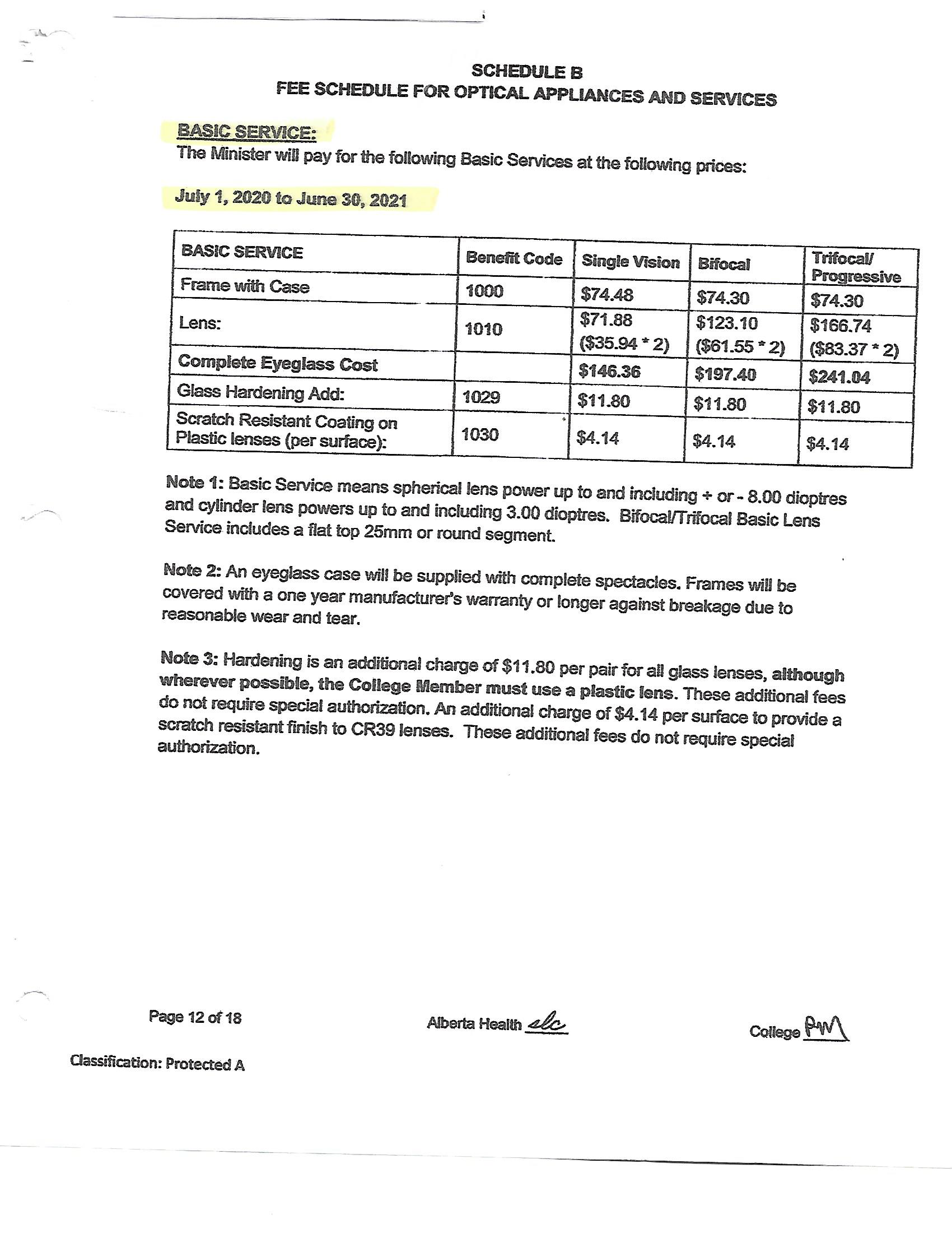 Fee Schedule — Association of Opticians of Alberta