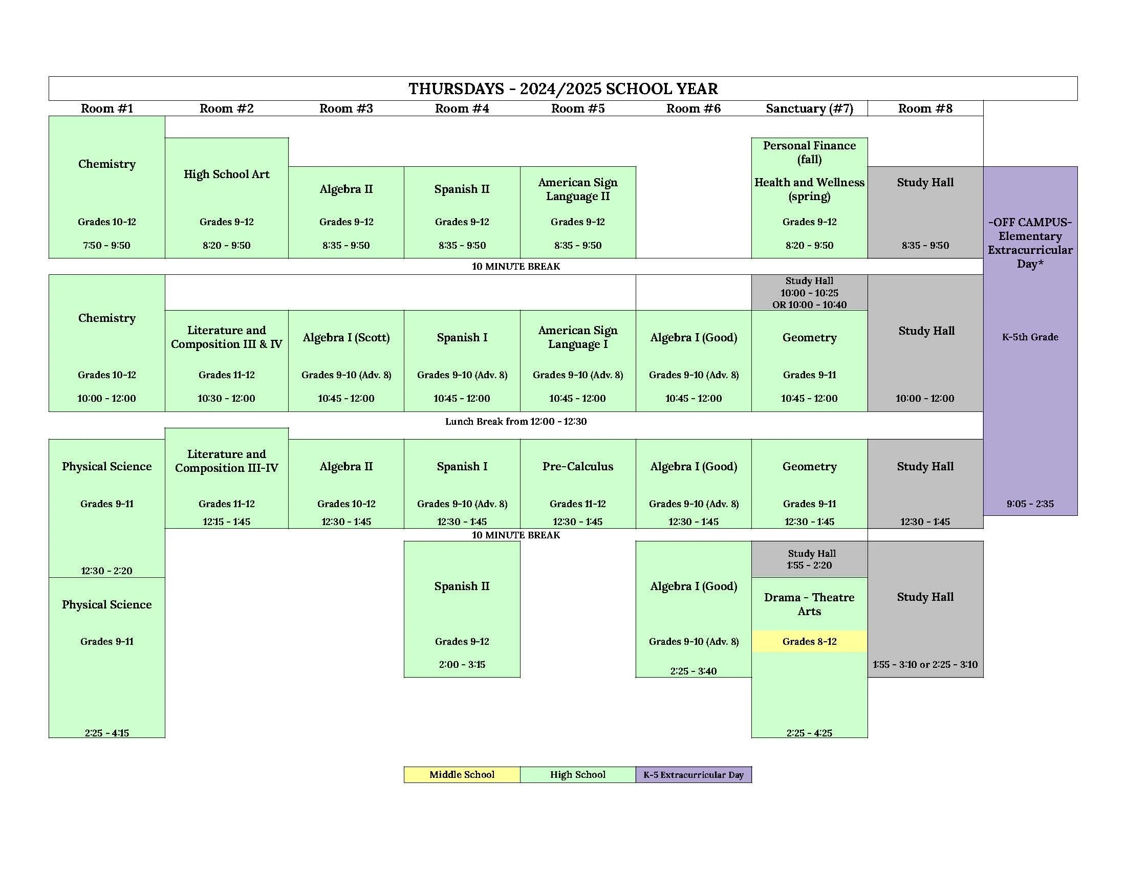 Grid of Classes Each Day — HILGER HIGHER LEARNING
