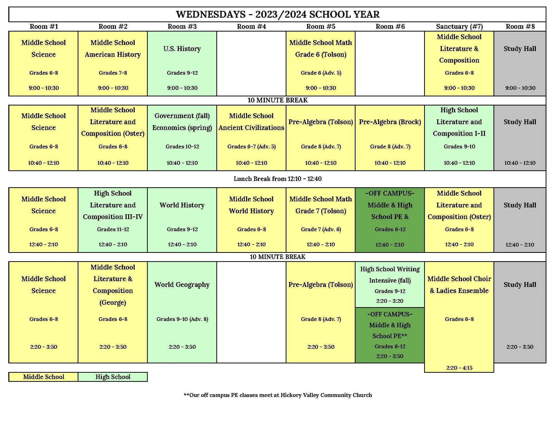 Grid of Classes Each Day — HILGER HIGHER LEARNING