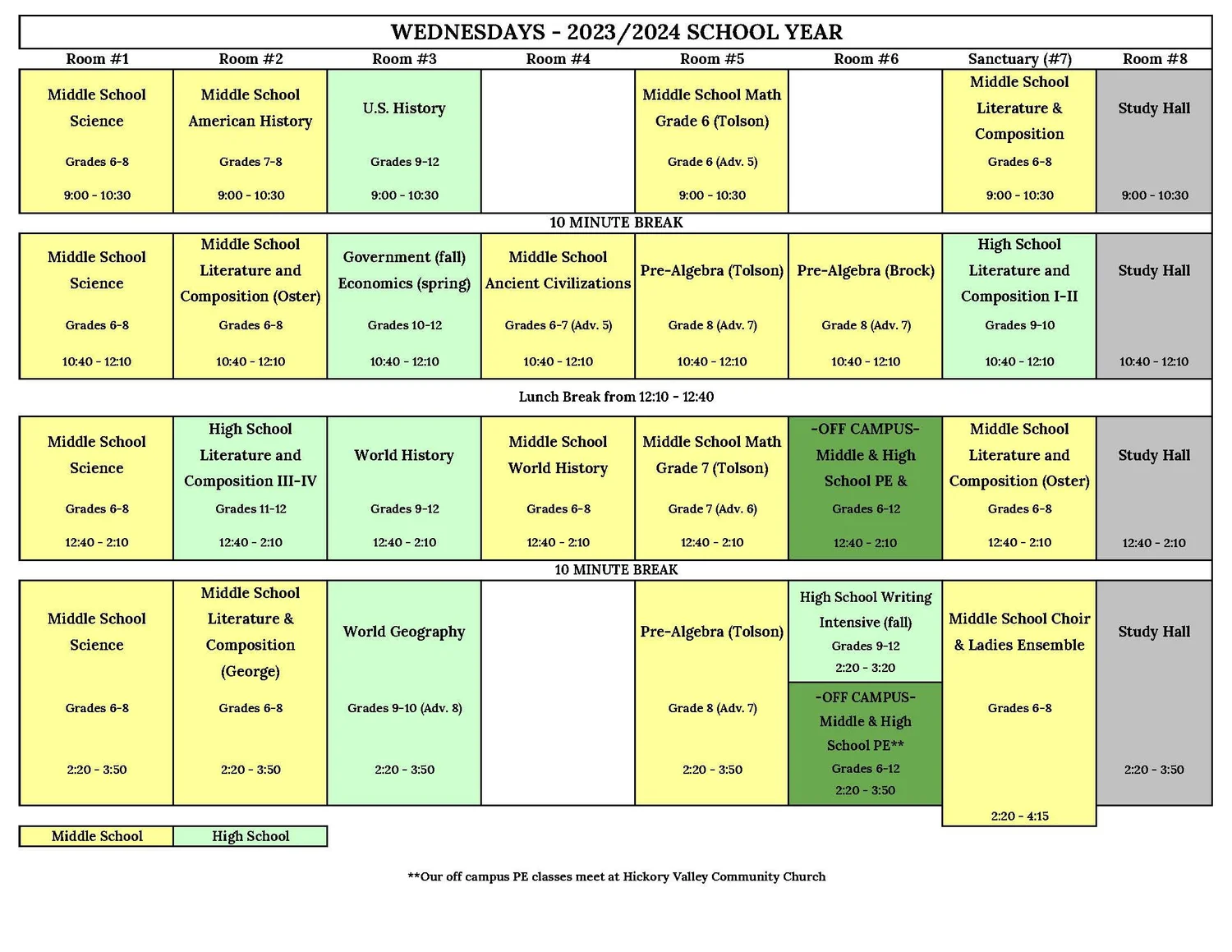Grid of Classes Each Day — HILGER HIGHER LEARNING