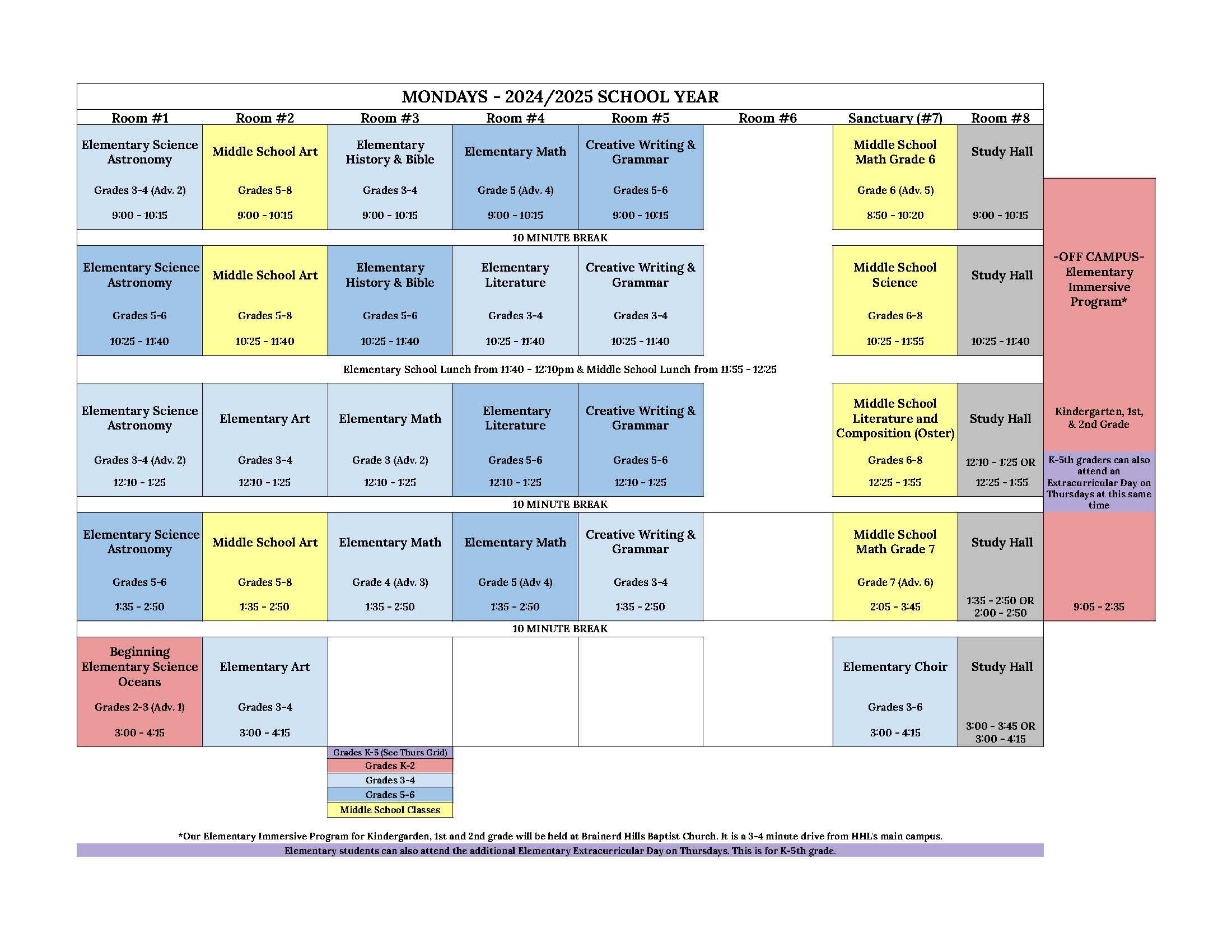 Grid of Classes Each Day — HILGER HIGHER LEARNING