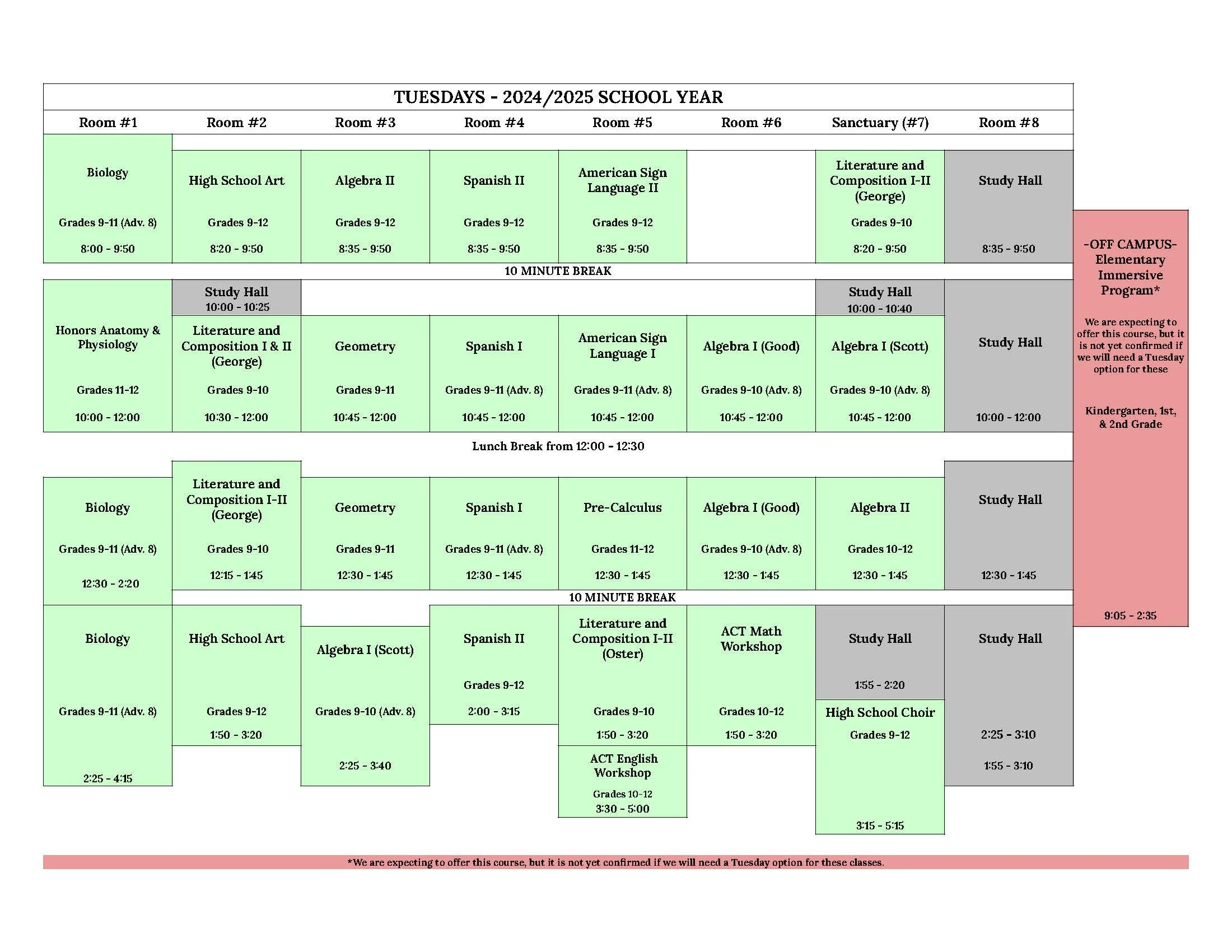 Grid of Classes Each Day — HILGER HIGHER LEARNING
