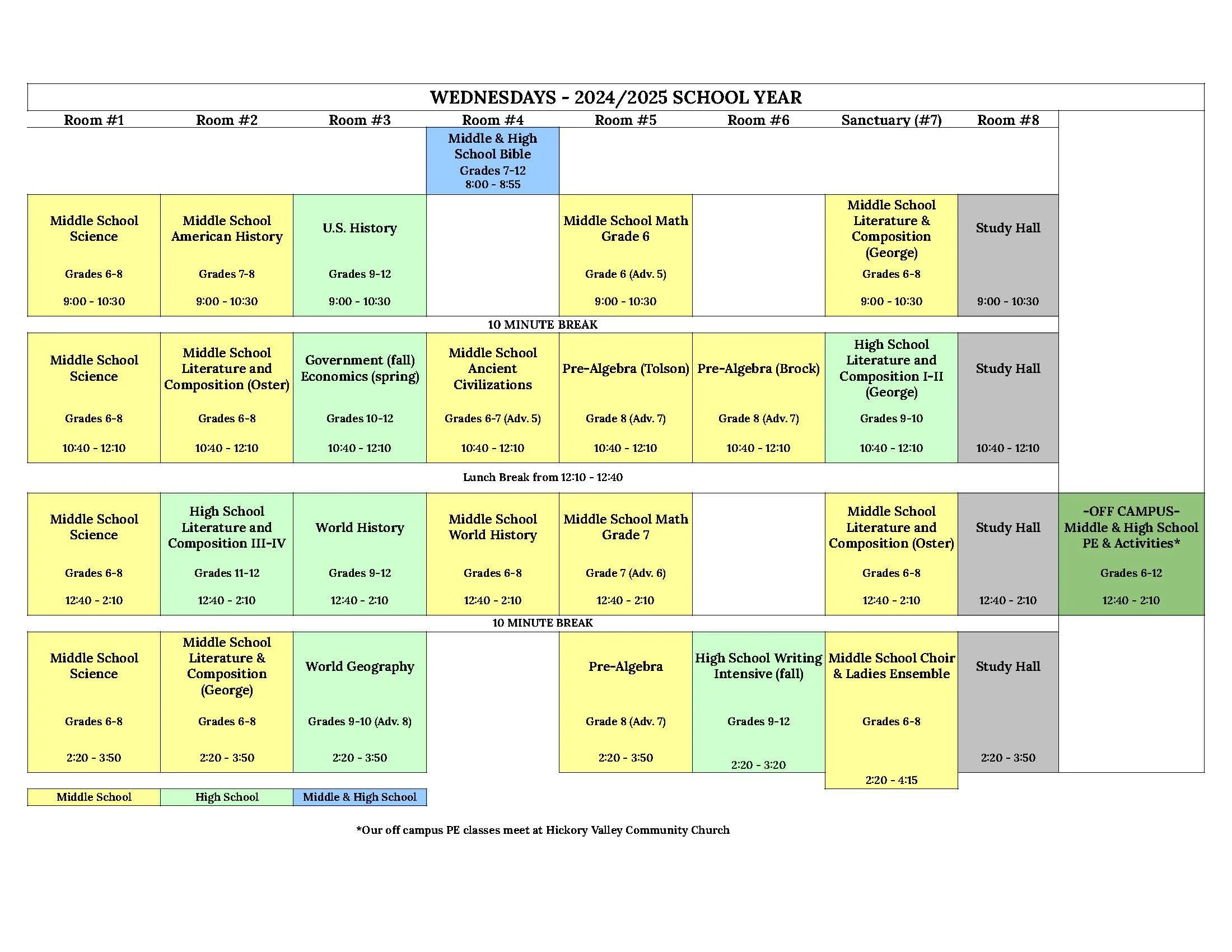 Grid of Classes Each Day — HILGER HIGHER LEARNING