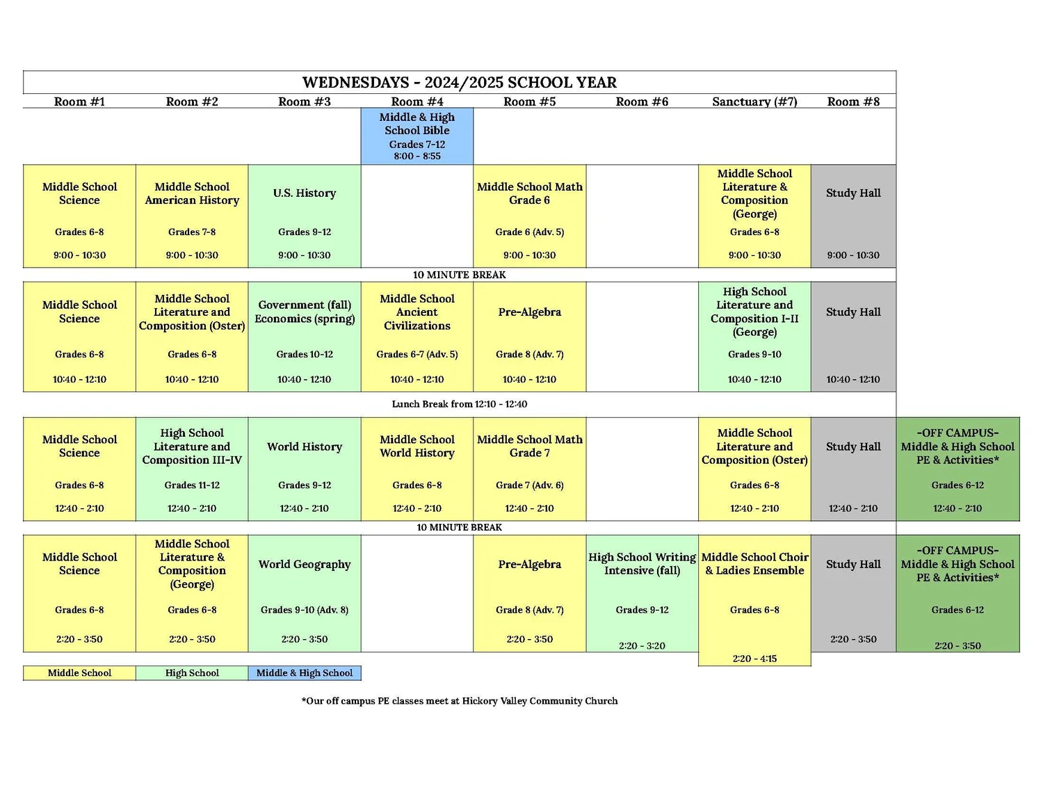 Grid of Classes Each Day — HILGER HIGHER LEARNING